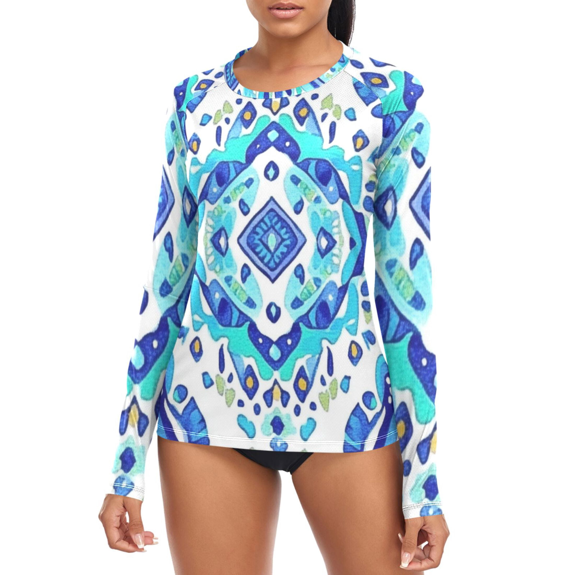 Abstract Turquoise Rhombus Women's Rash Guard Shirts UPF 50+ Sun ...