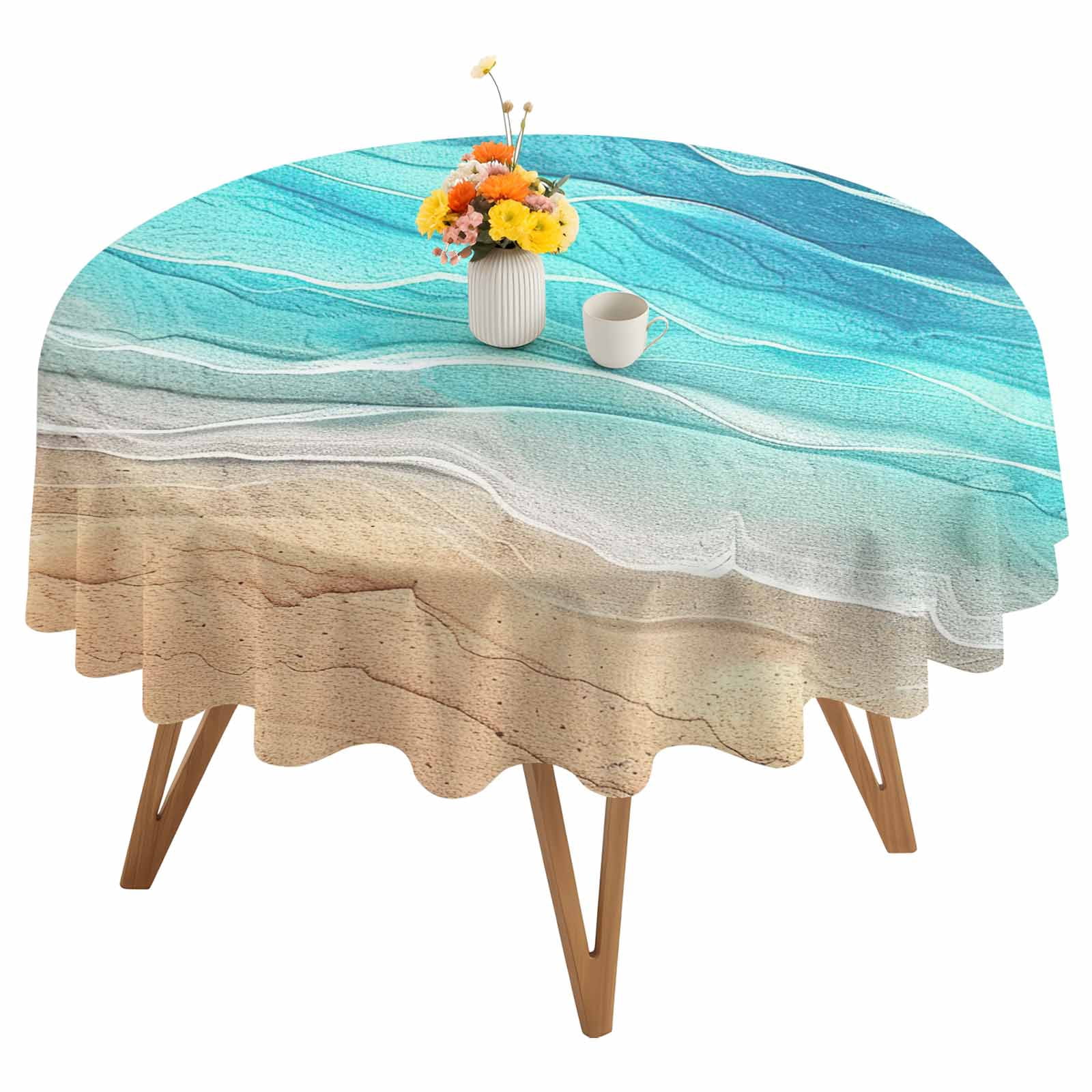 Abstract Turquoise Round Tablecloth 60 inches Ocean Beach Waves Lines ...