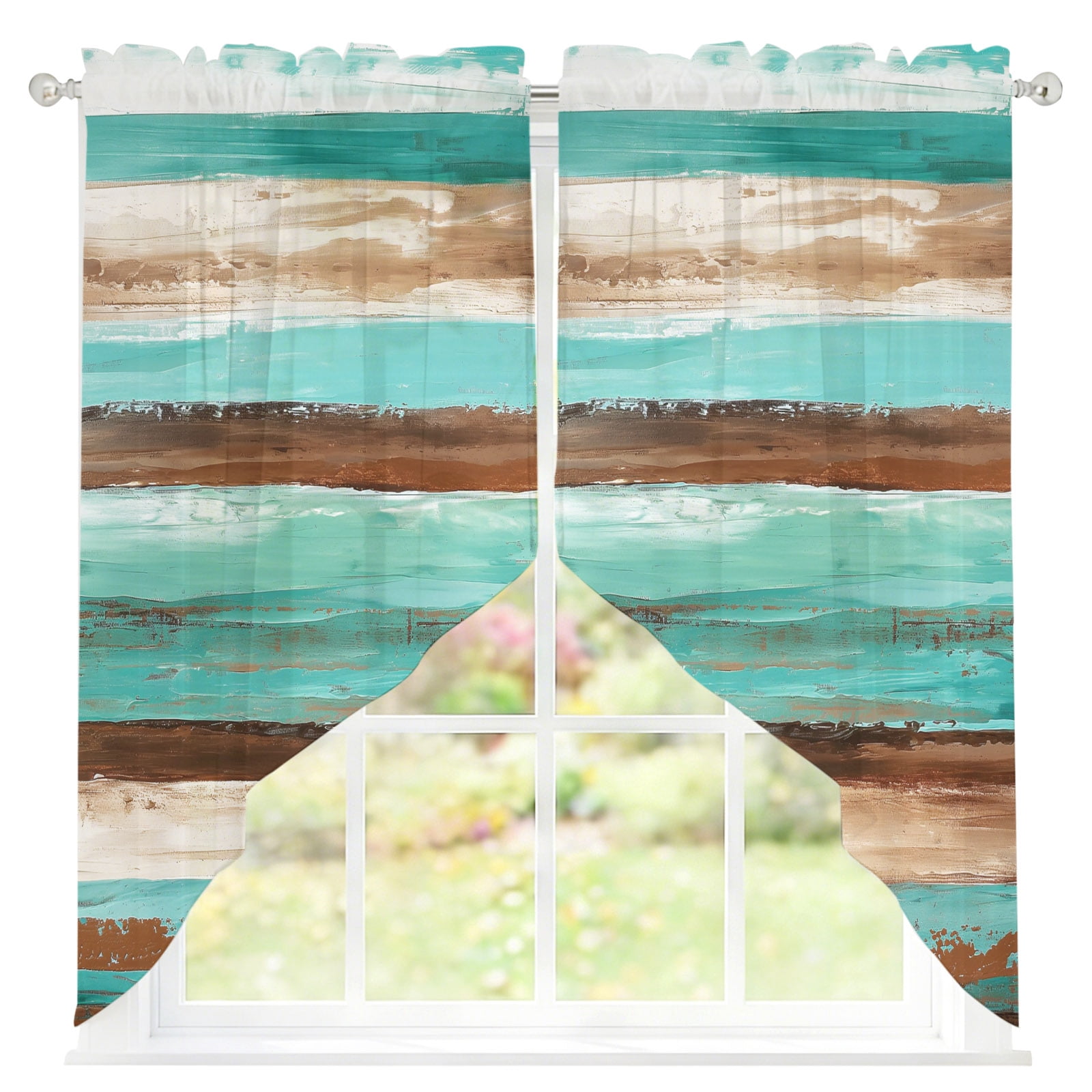 Abstract Turquoise Sheer Curtains Swag Valances for Windows and Brown ...