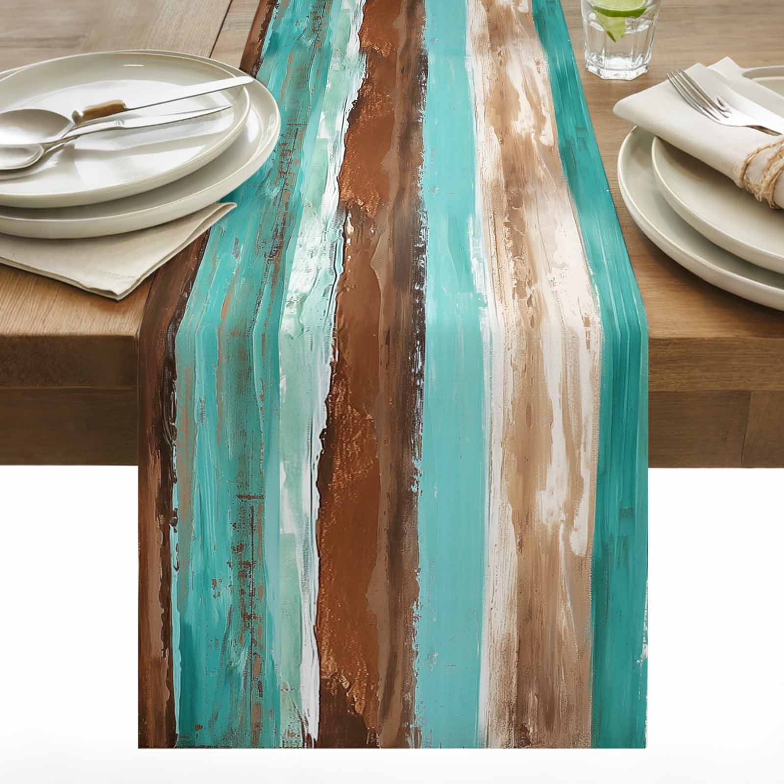 Abstract Turquoise Table Runner 13x120 inch and Brown Gradient Wood ...