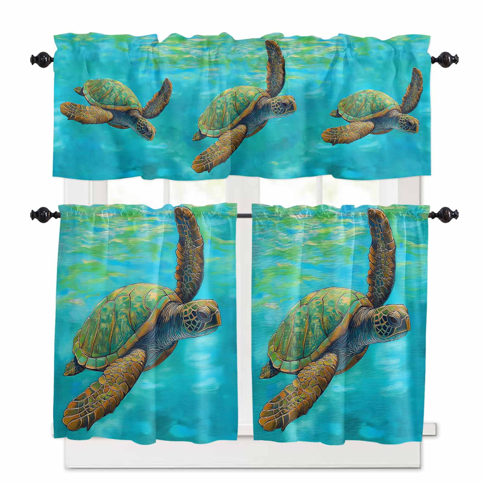 Abstract Turtle Kitchen Curtains Valance and Tier Set Watercolor Teal ...