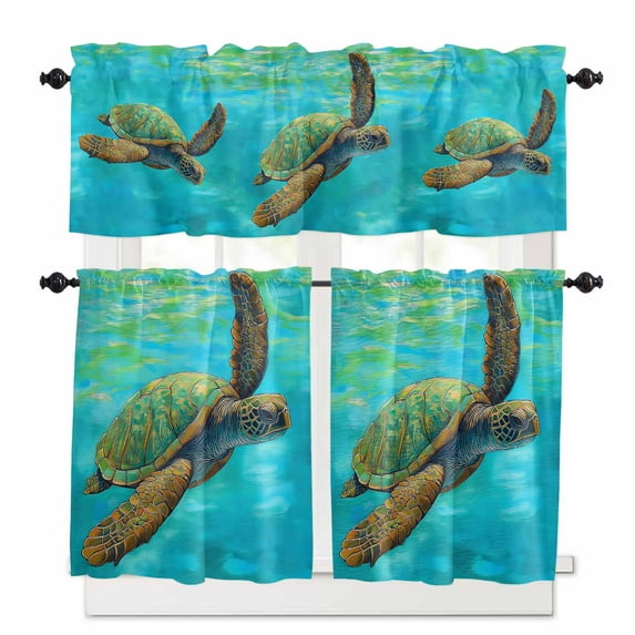 Abstract Turtle Kitchen Curtains Valance and Tier Set Watercolor Teal ...