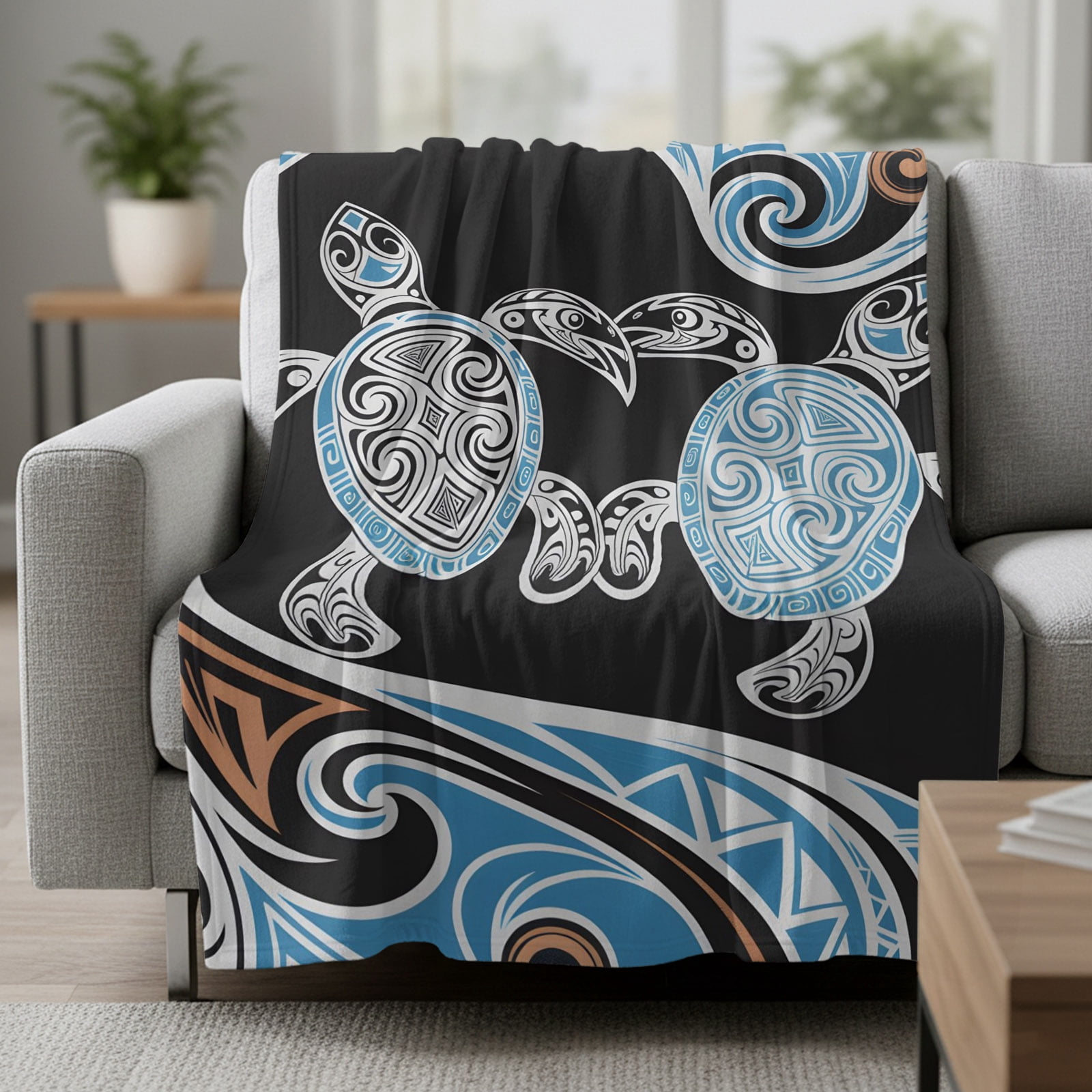 Abstract Turtles Fleece Throw Blanket Tribal Turtles Animals Blue Boho ...