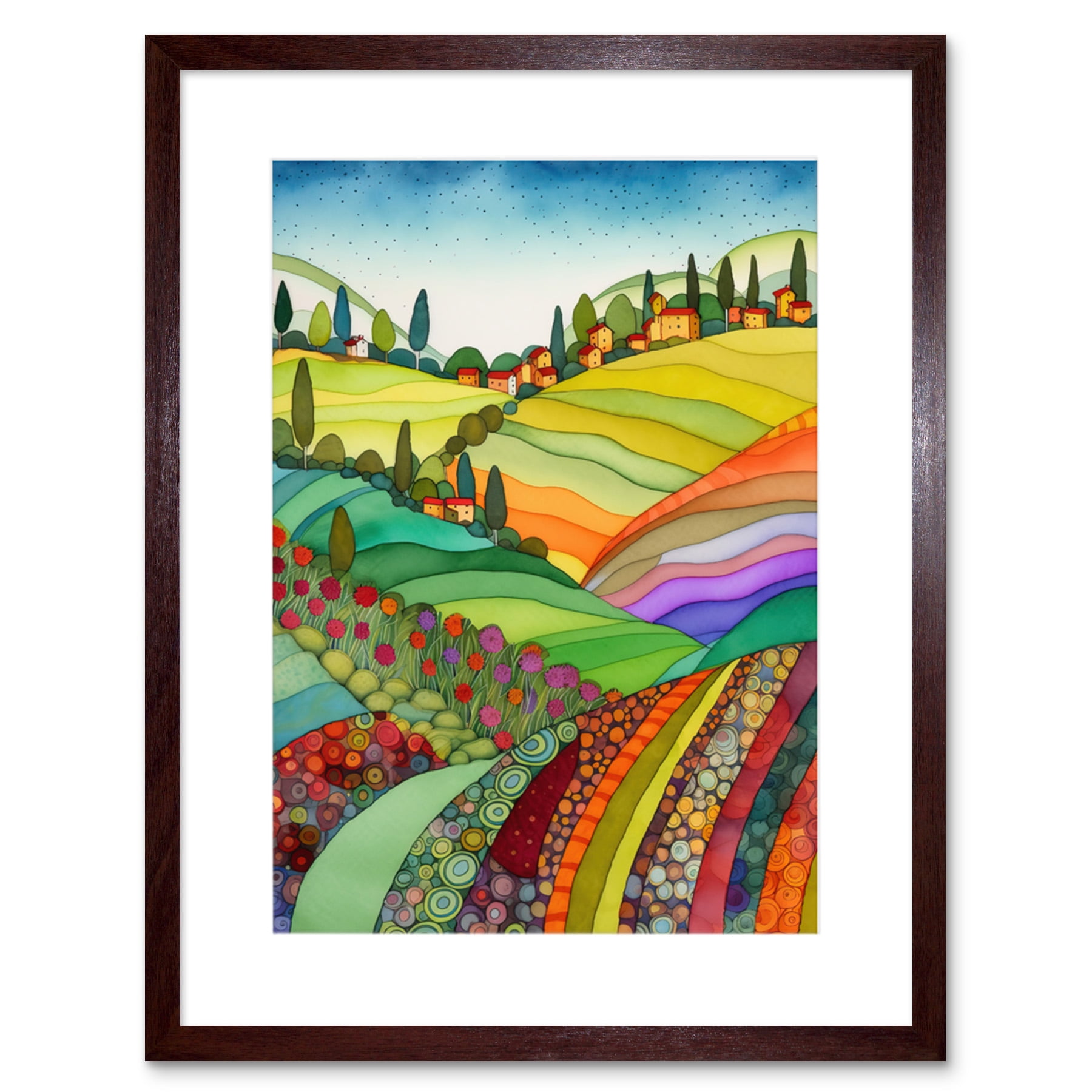Abstract Tuscany Hills Landscape Folk Art Artwork Framed Print Wall Art ...
