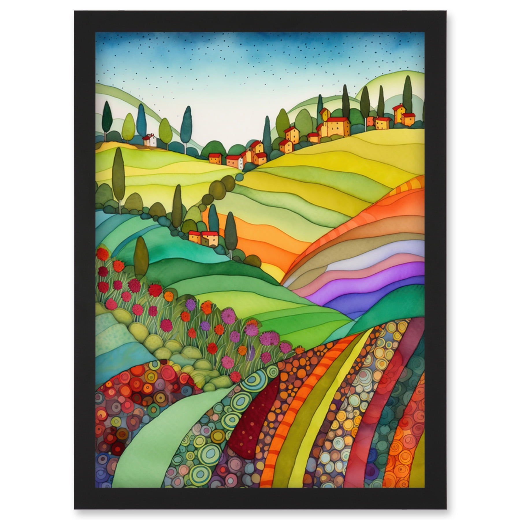Abstract Tuscany Hills Landscape Folk Art Artwork Framed Wall Art Print ...