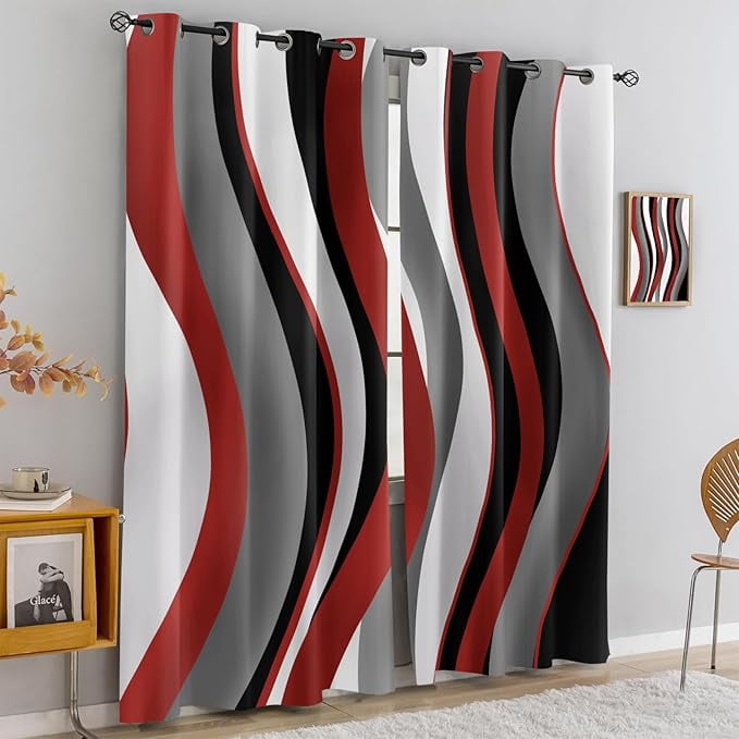 Abstract Twisted Stripes Window Curtain Panels, Modern Red Gray White ...