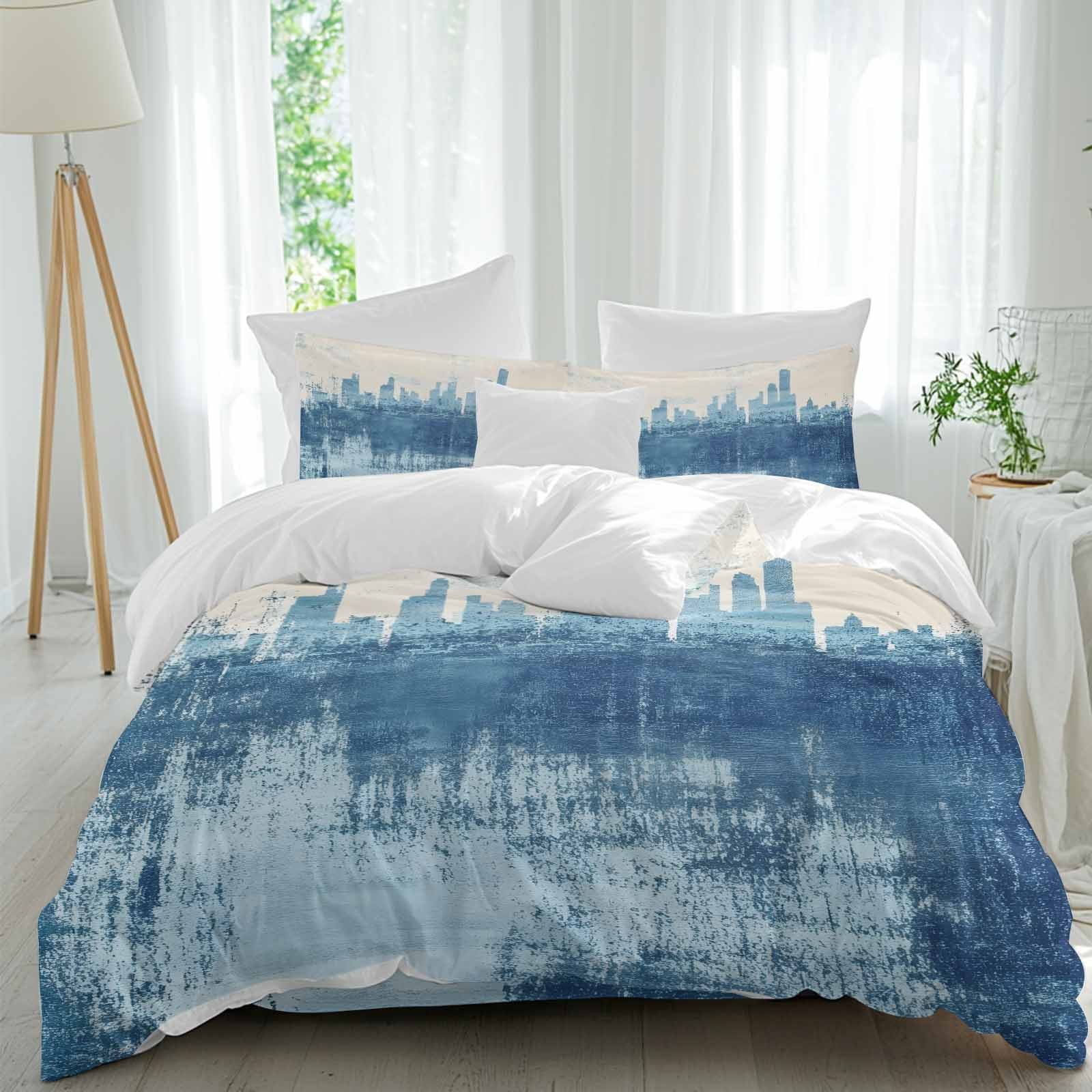 Abstract Urban Silhouette 4 Piece Duvet Cover Set Queen Size Blue Gary ...