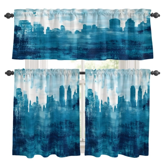Abstract Urban Silhouette Kitchen Curtains Valance and Tier Set Blue ...