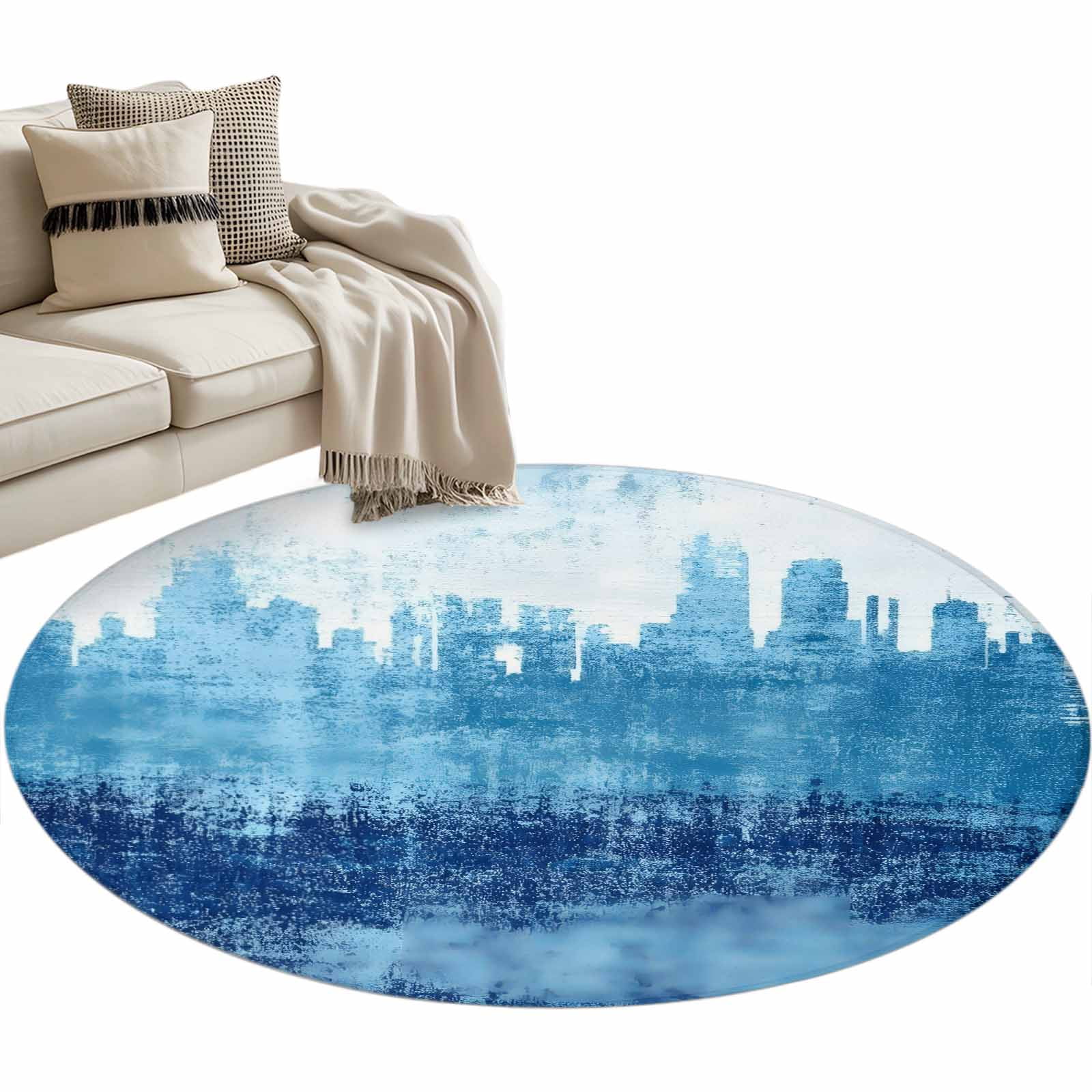 Abstract Urban Silhouette Round Area Rug 3.3ft Gary Blue Building Non ...