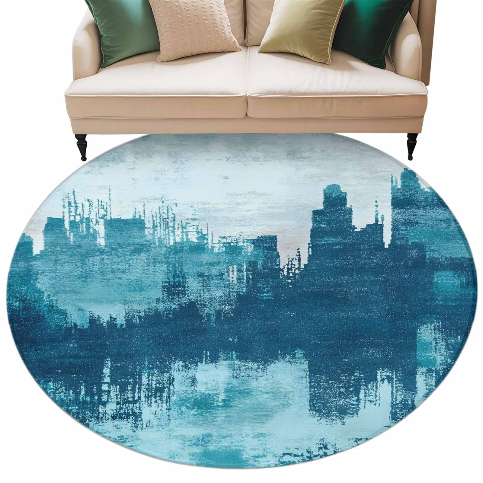 Abstract Urban Silhouette Round Area Rug 8ft Modern Blue Building Non ...