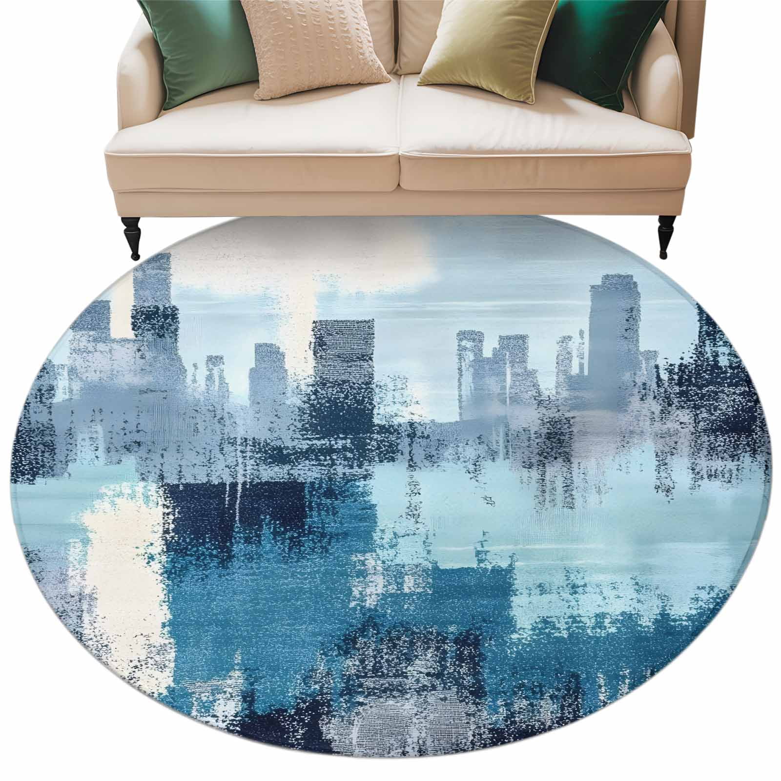 Abstract Urban Silhouette Round Area Rug 8ft Retro Blue Gary Building ...