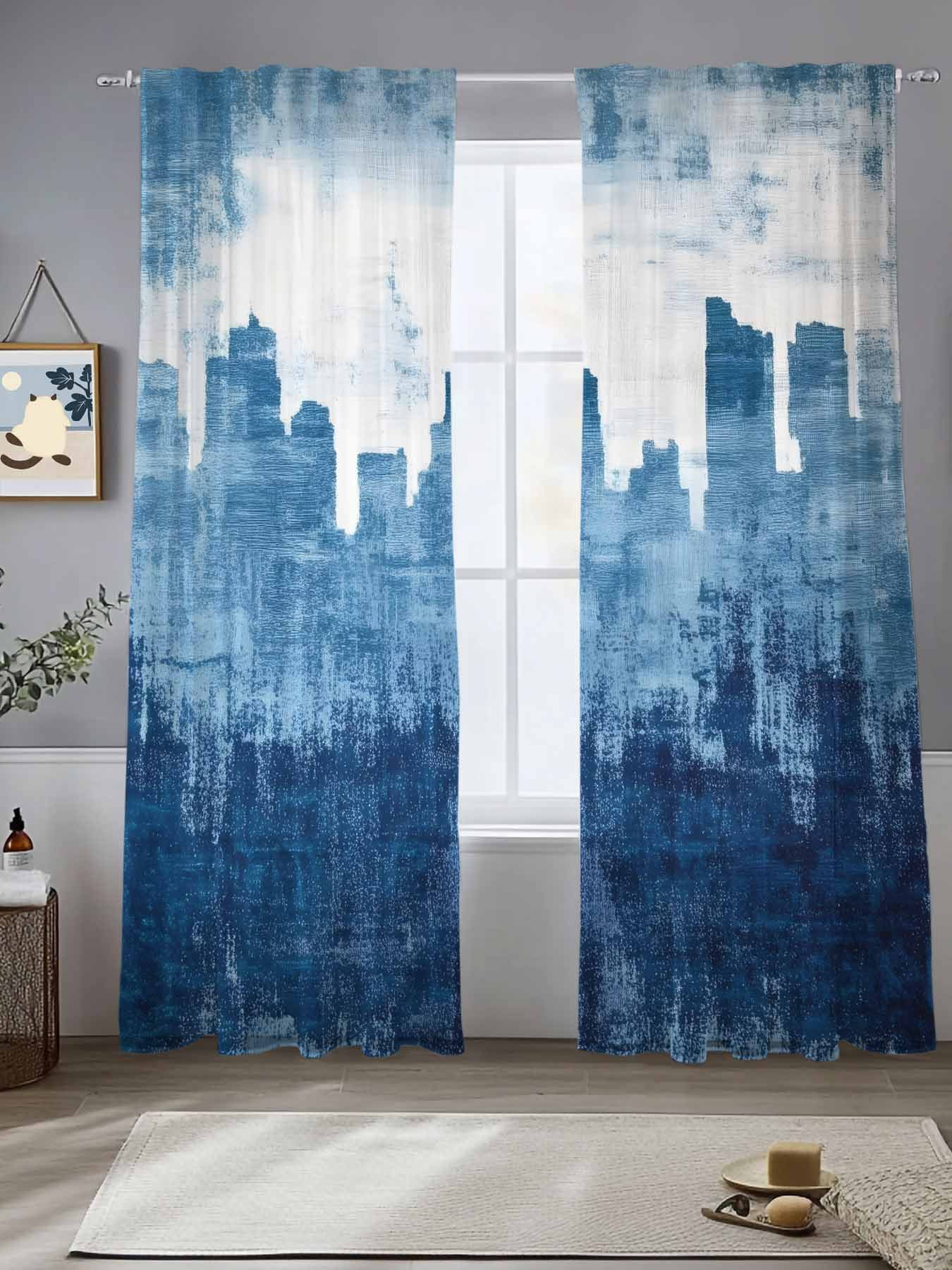Abstract Urban Silhouette Sheer Curtains 108 Inches Long 2 Panels ...