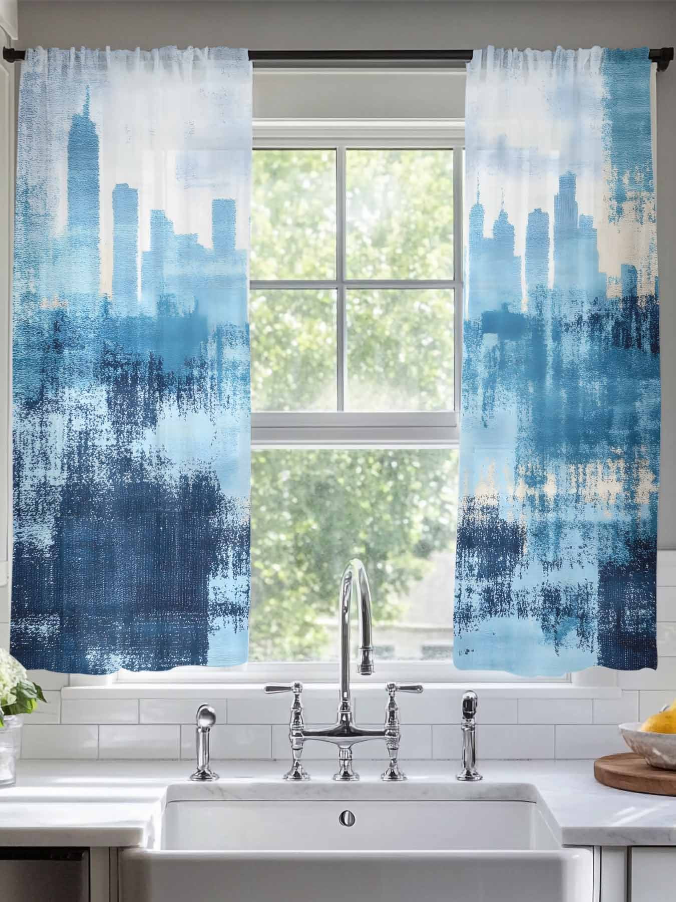 Abstract Urban Silhouette Sheer Curtains 63 Inches Long 2 Panels Retro ...