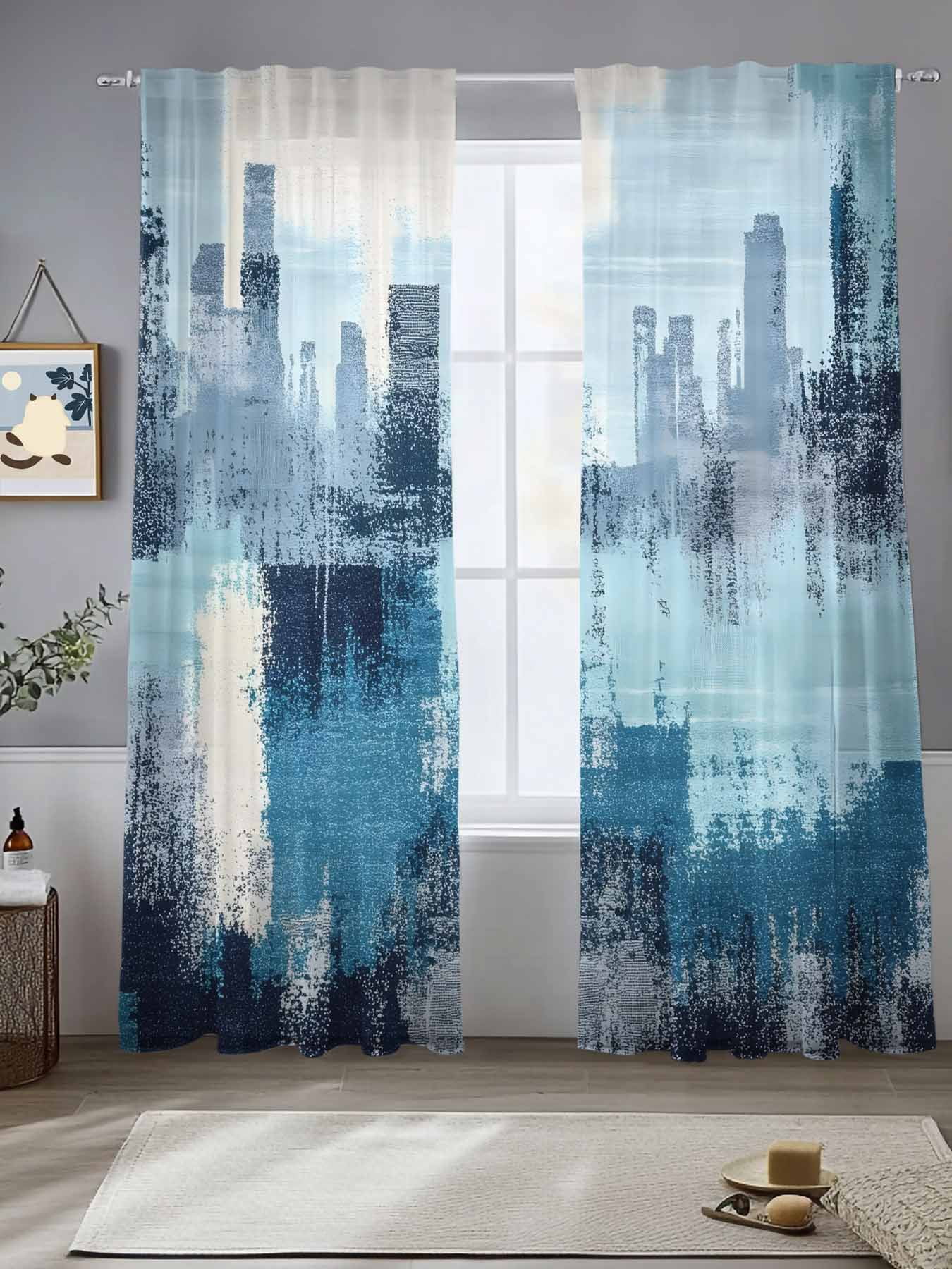 Abstract Urban Silhouette Sheer Curtains 96 Inches Long 2 Panels Retro ...