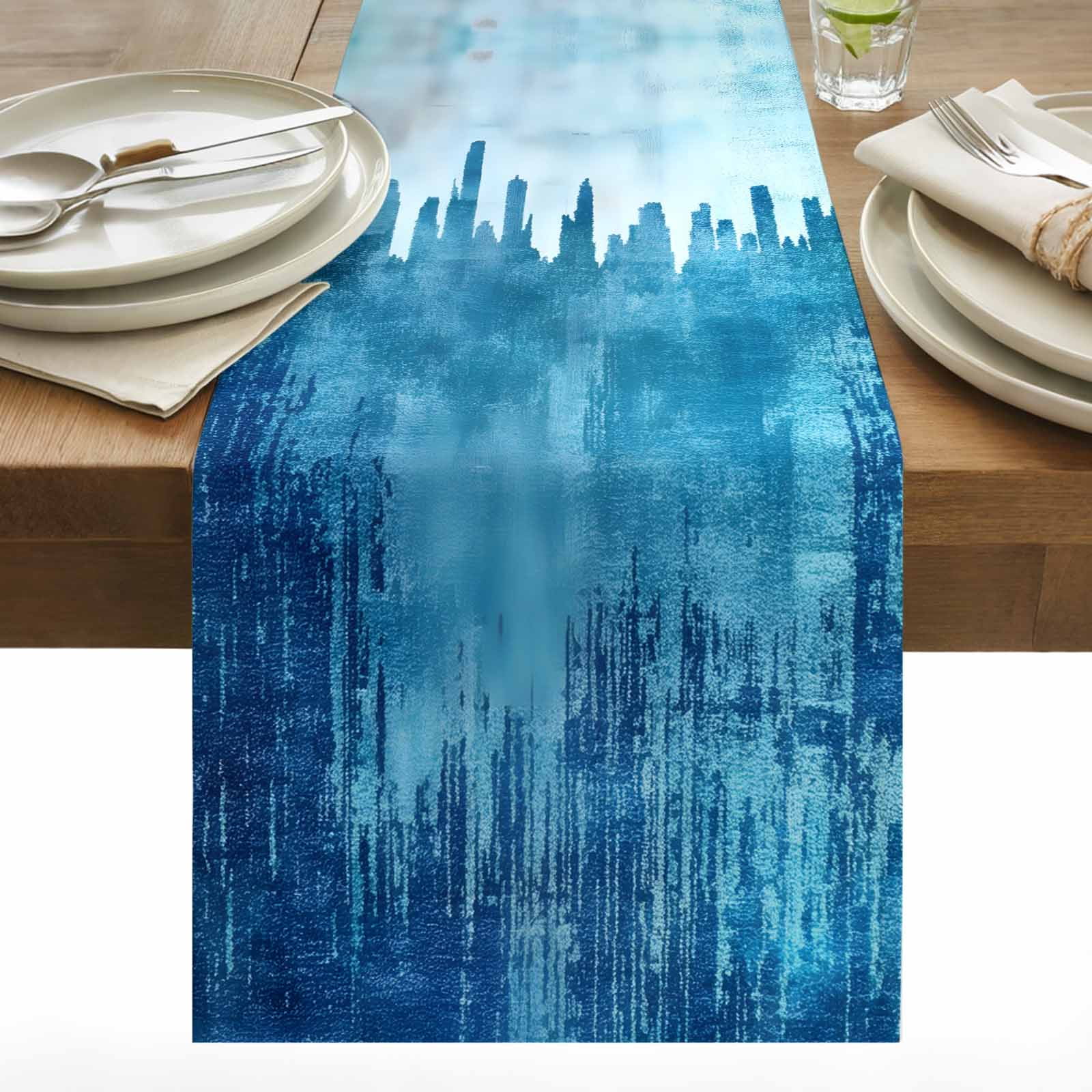 Abstract Urban Silhouette Table Runner 13x48 inch Watercolor Blue ...