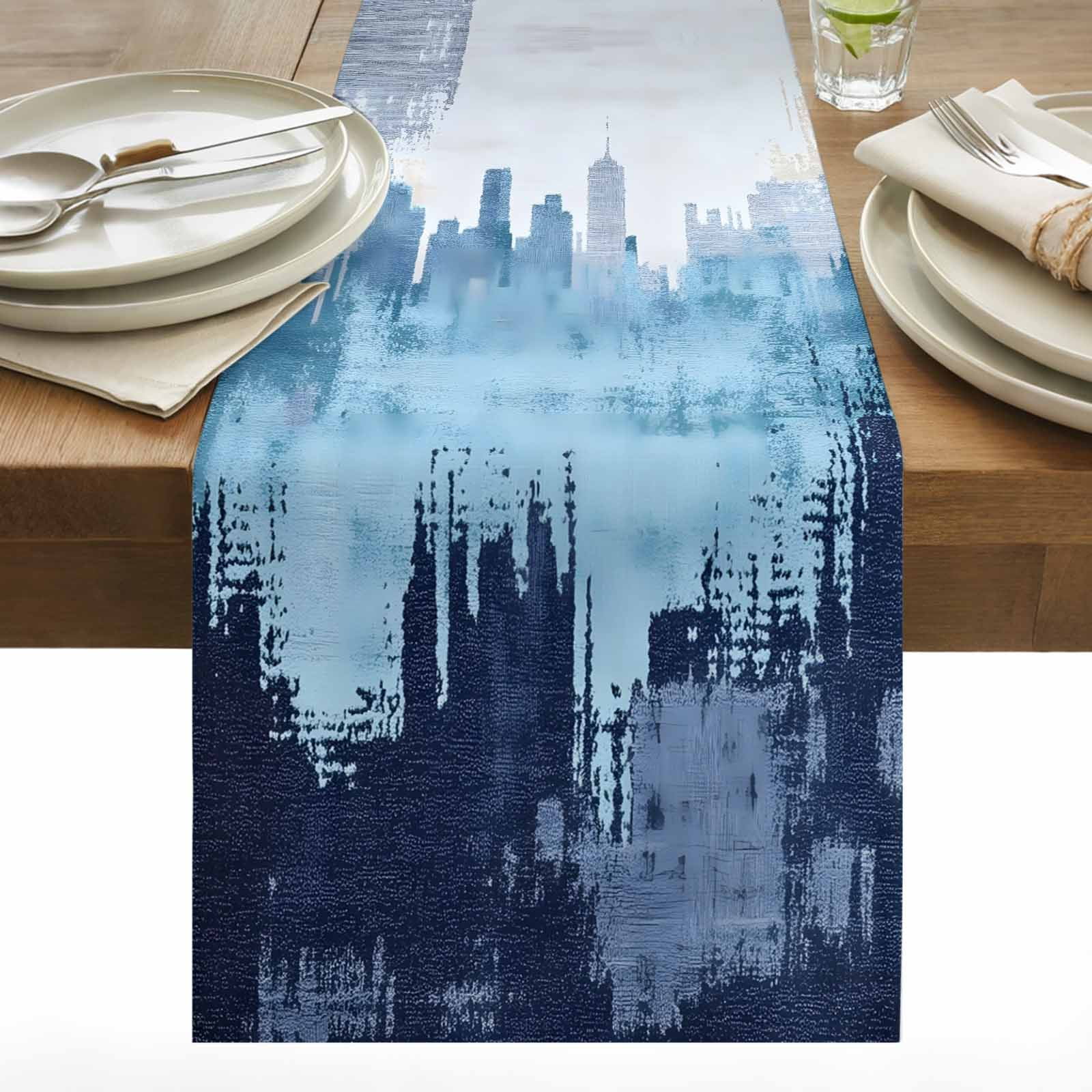 Abstract Urban Silhouette Table Runner 13x90 inch Vintage Blue Building ...