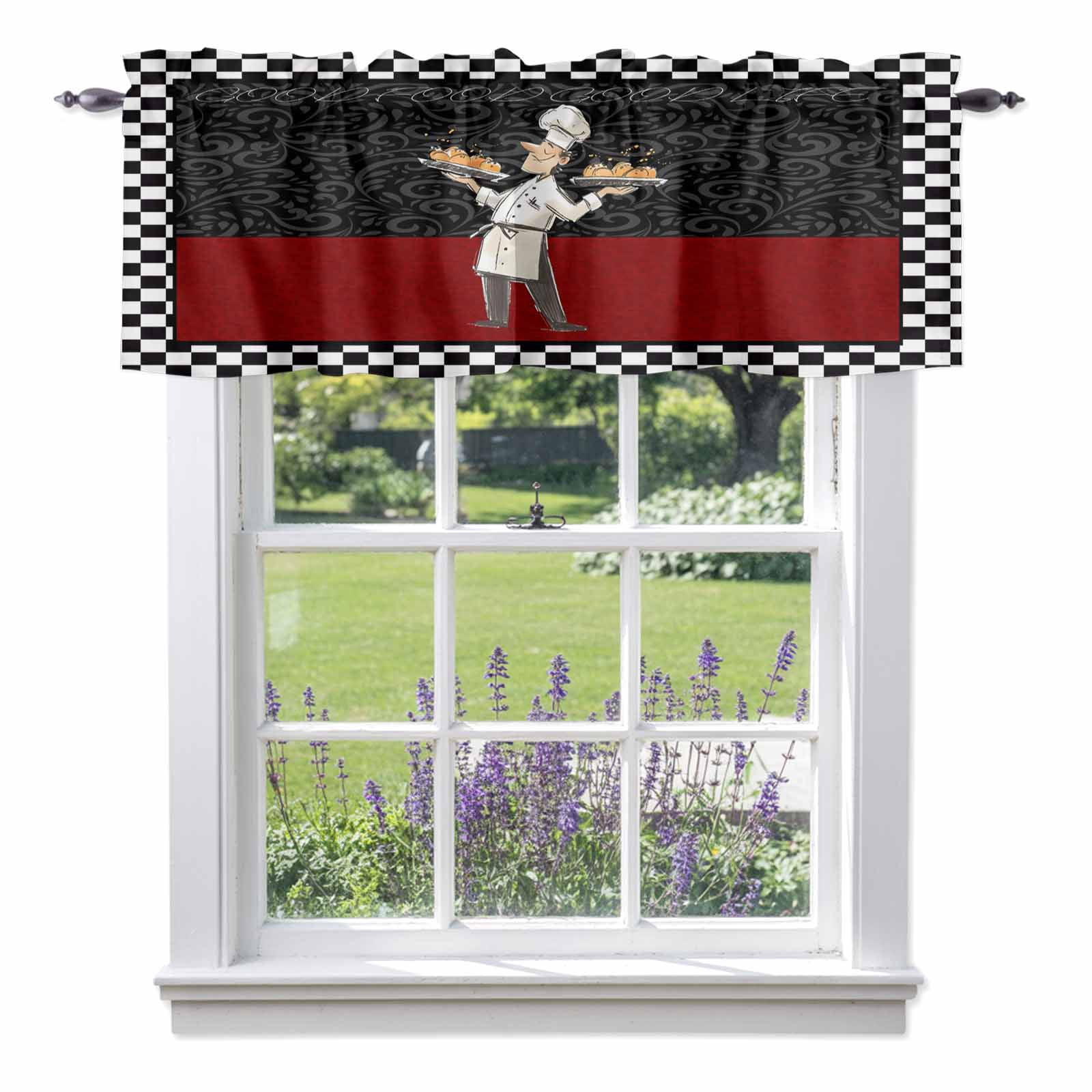Abstract Valance Curtain Cartoon Style Chef Bread White Black Checkered ...