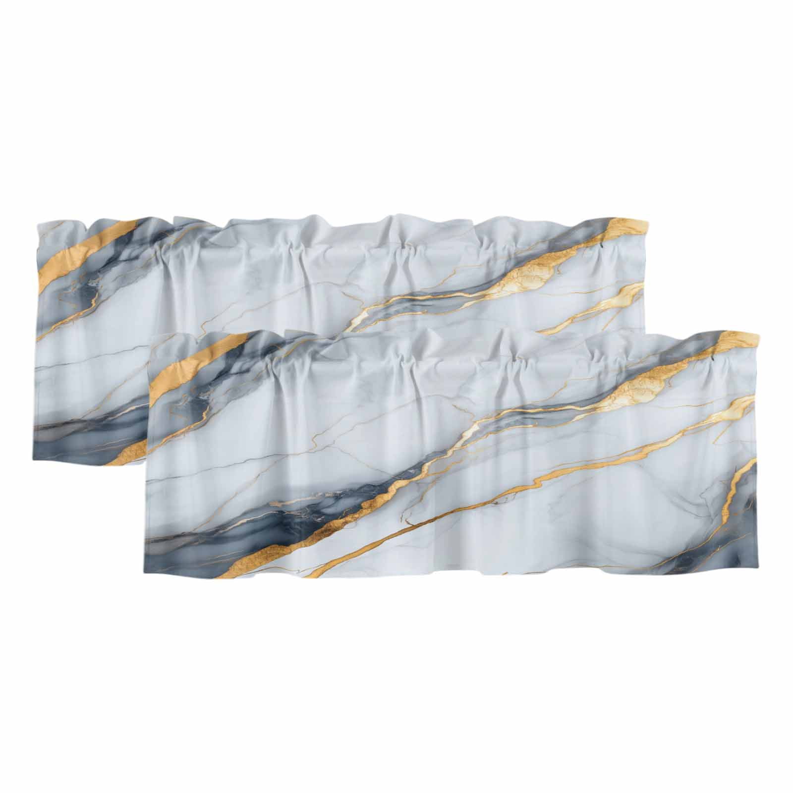 Abstract Valances for Windows 2 Panels Grey White Marble Texture Golden ...