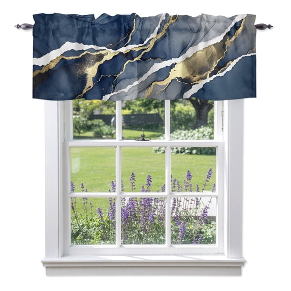 Abstract Valances for Windows, Blue Ink Gold Foiling Ocean Waves Luxury ...