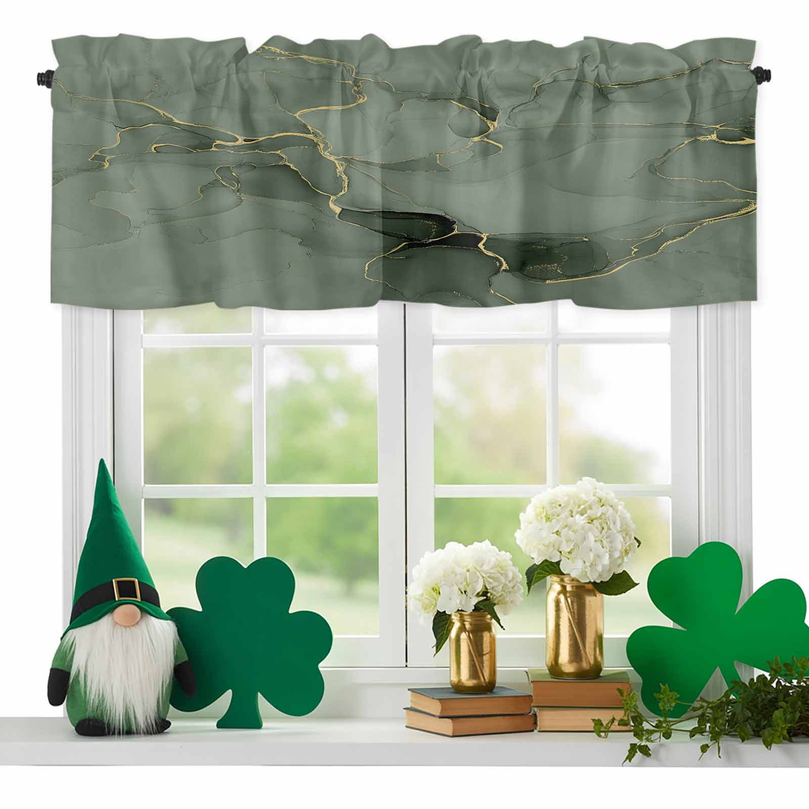 Abstract Valances for Windows, Sage Green Golden Marble Fluid Lines Rod ...