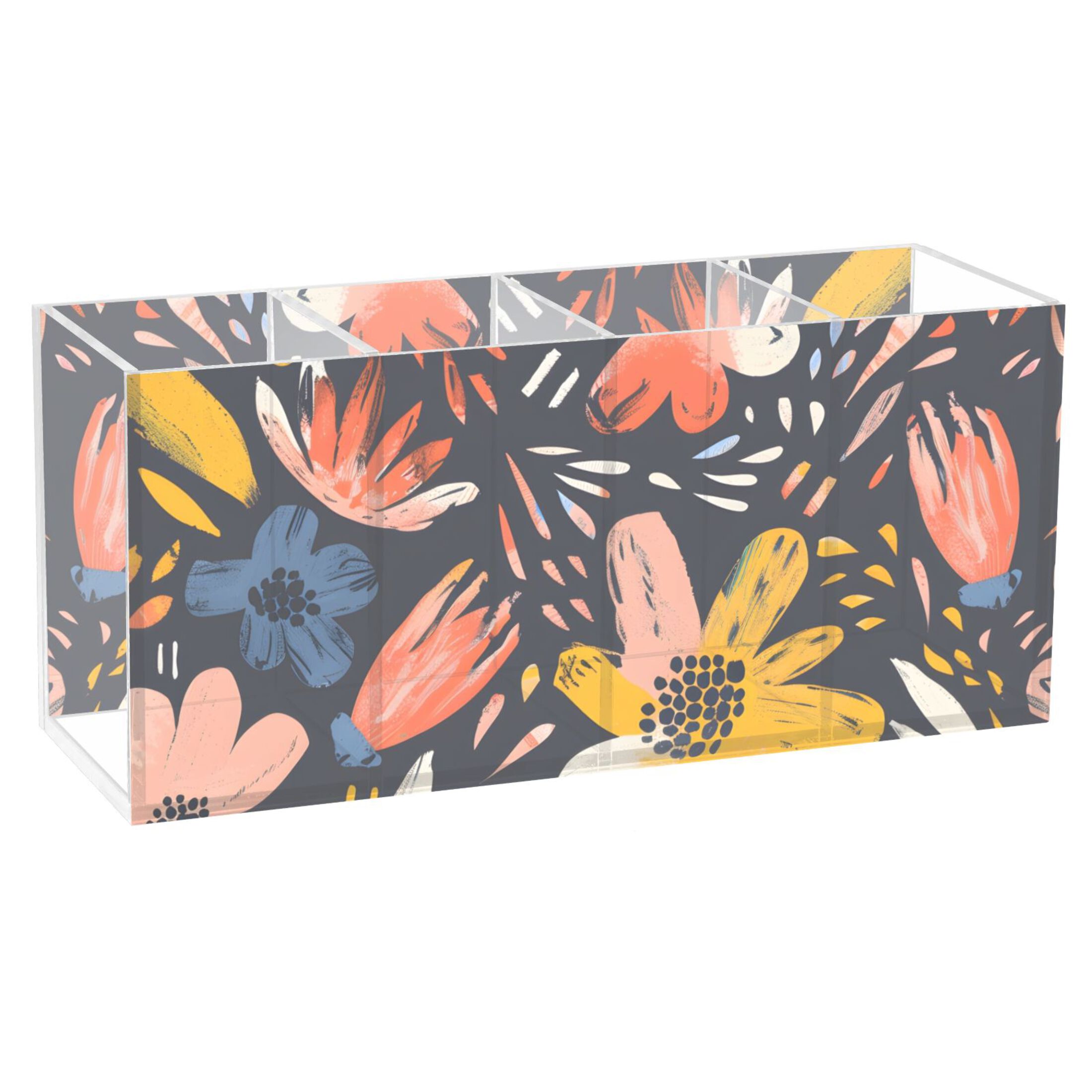 Abstract Various Flower Acrylic Pen Holder 4 Compartments Clear Pencil ...