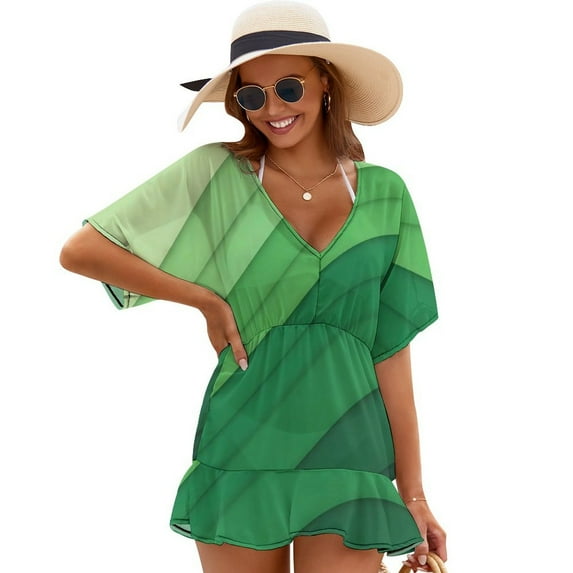 Abstract Vector Green Vertical Stripes Beach Cover Ups Women V Neck ...