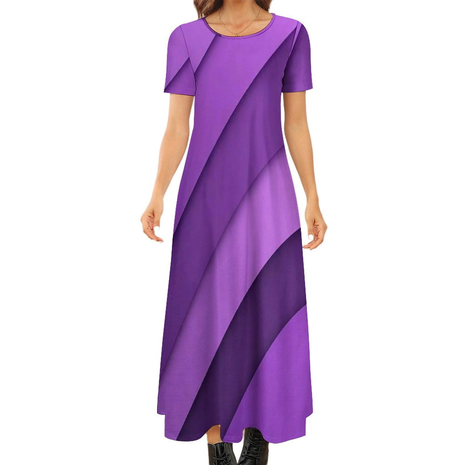 Abstract Vector Purple Vertical Stripes Maxi Dress for Women Crew Neck ...
