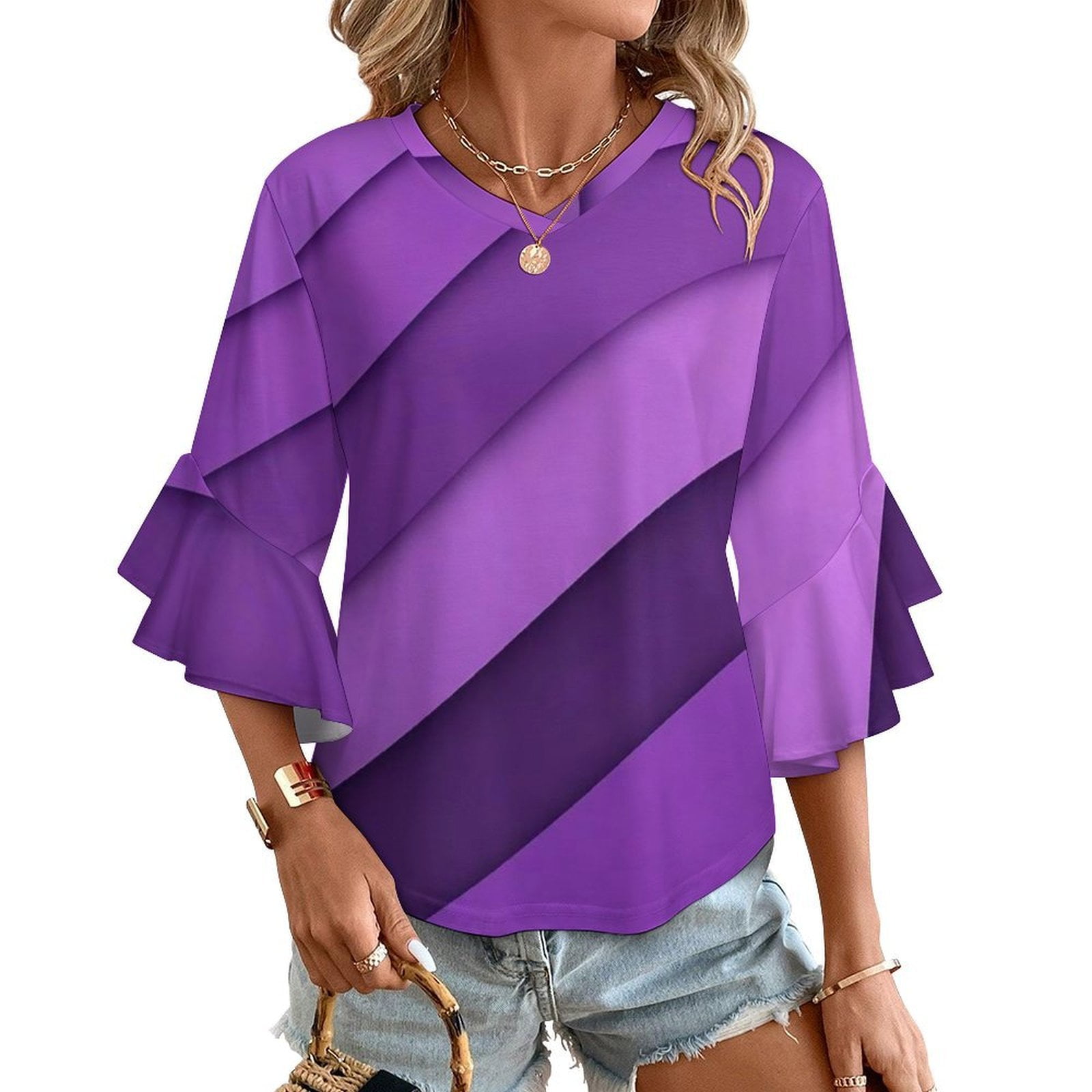 Abstract Vector Purple Vertical Stripes Women's V-Neck Blouse With 3/4 ...