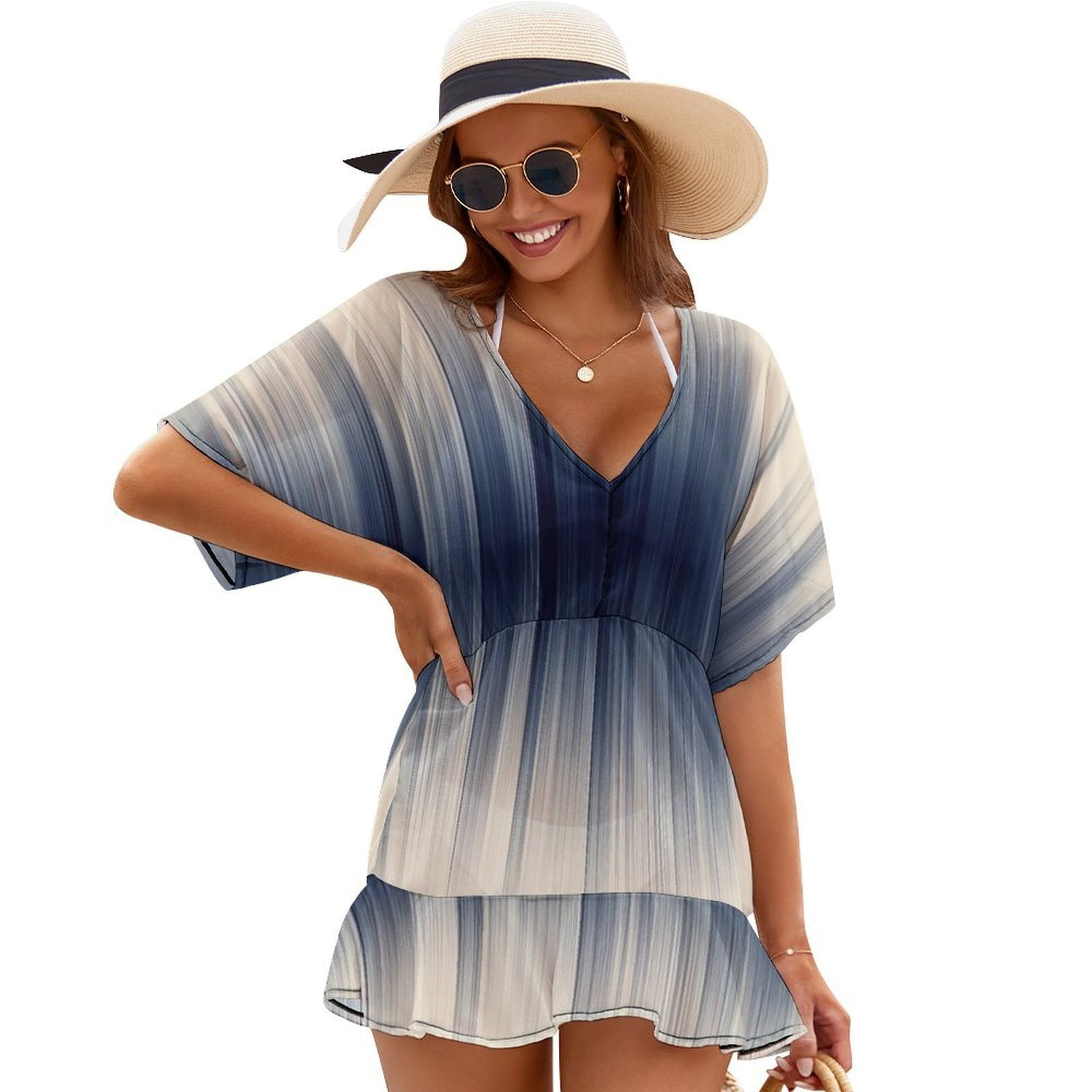 Abstract Vertical Blurry Lines Beach Cover Ups Women V Neck Short ...