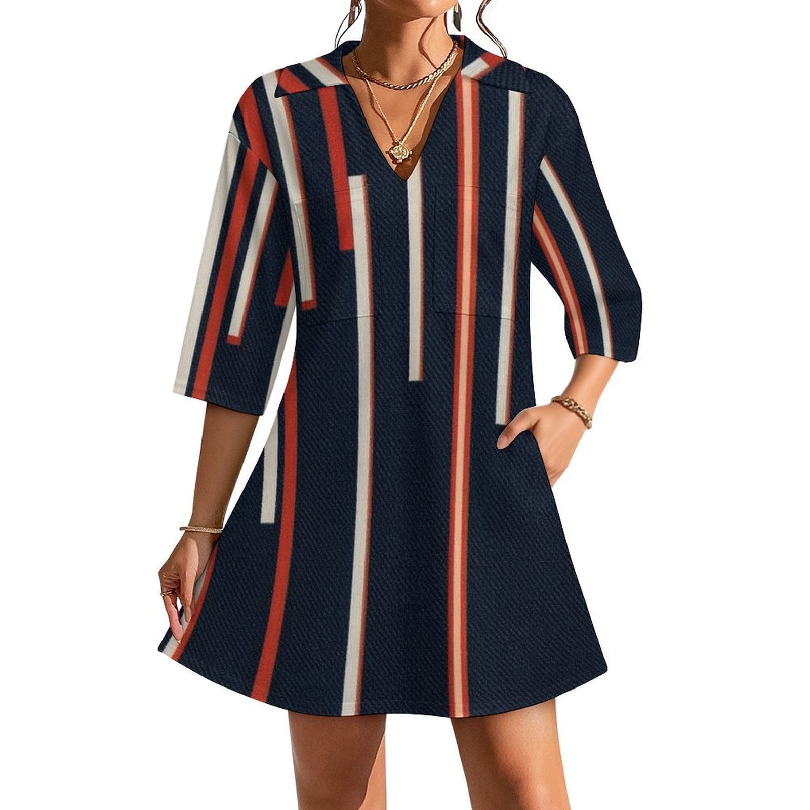Abstract Vertical Striped Fabric Womens Dress With Pockets Summer V ...