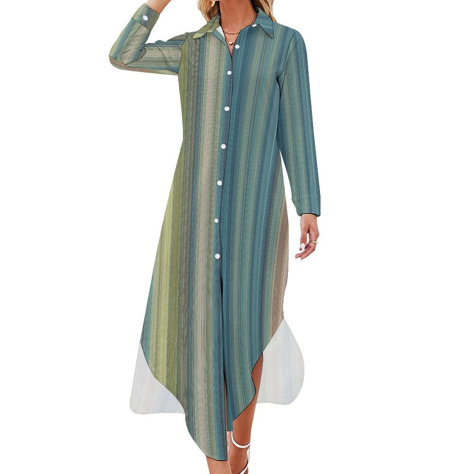 Abstract Vertical Stripes Pattern Shirt Dress Long Sleeve Street ...