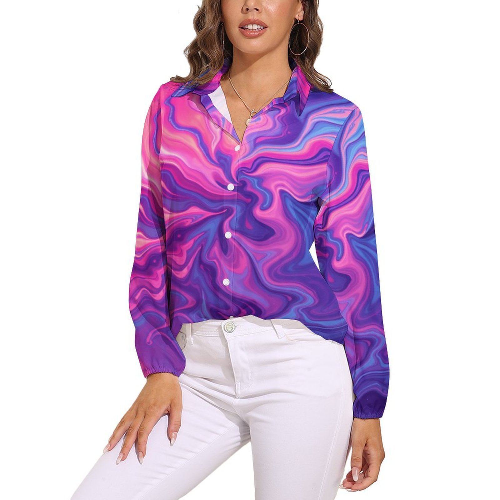 Abstract Vibrant Swirls Blouse Female Long Sleeve Casual Shirts ...