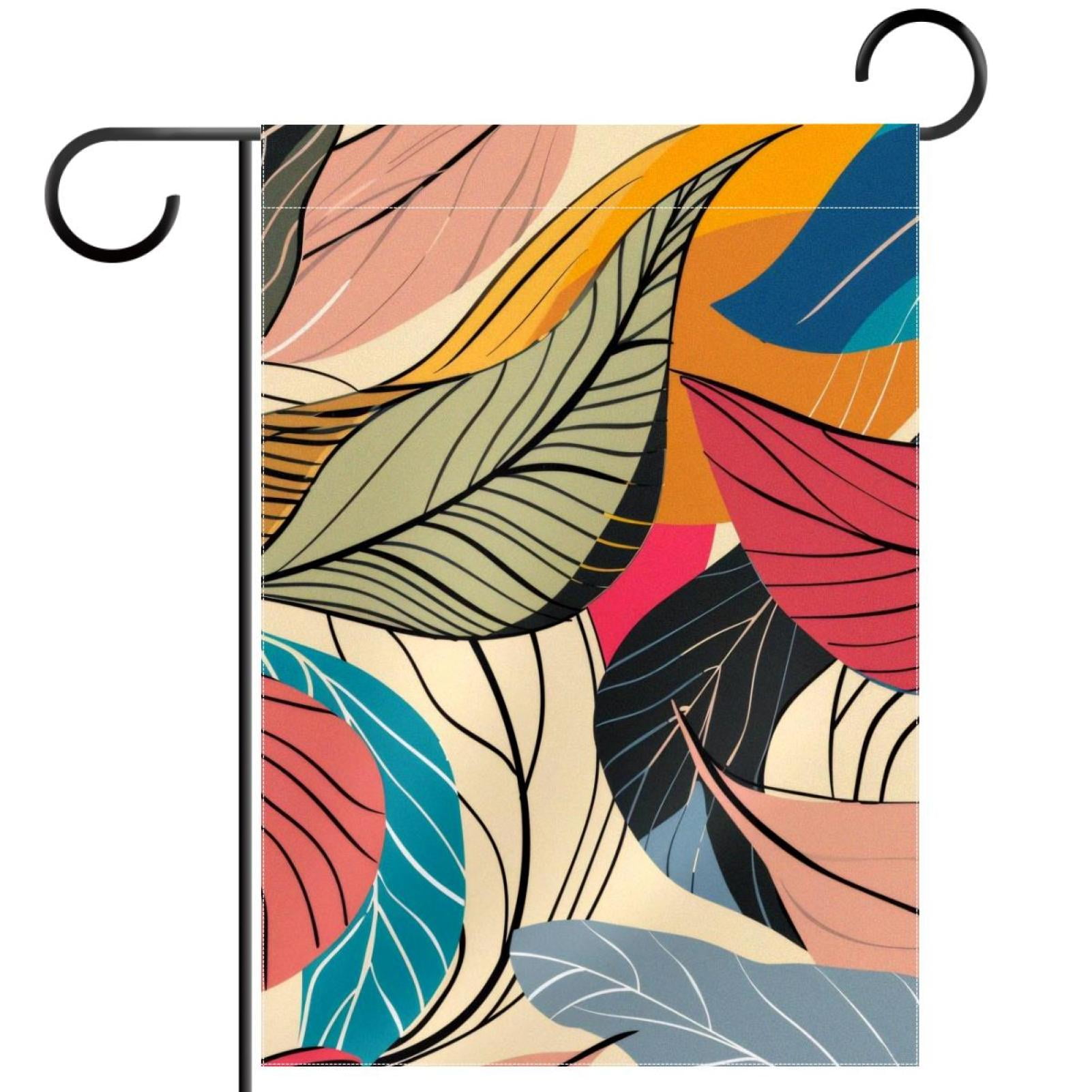 Abstract Vintage Colors Tropical Line Art Leaves Welcome Garden Flags ...