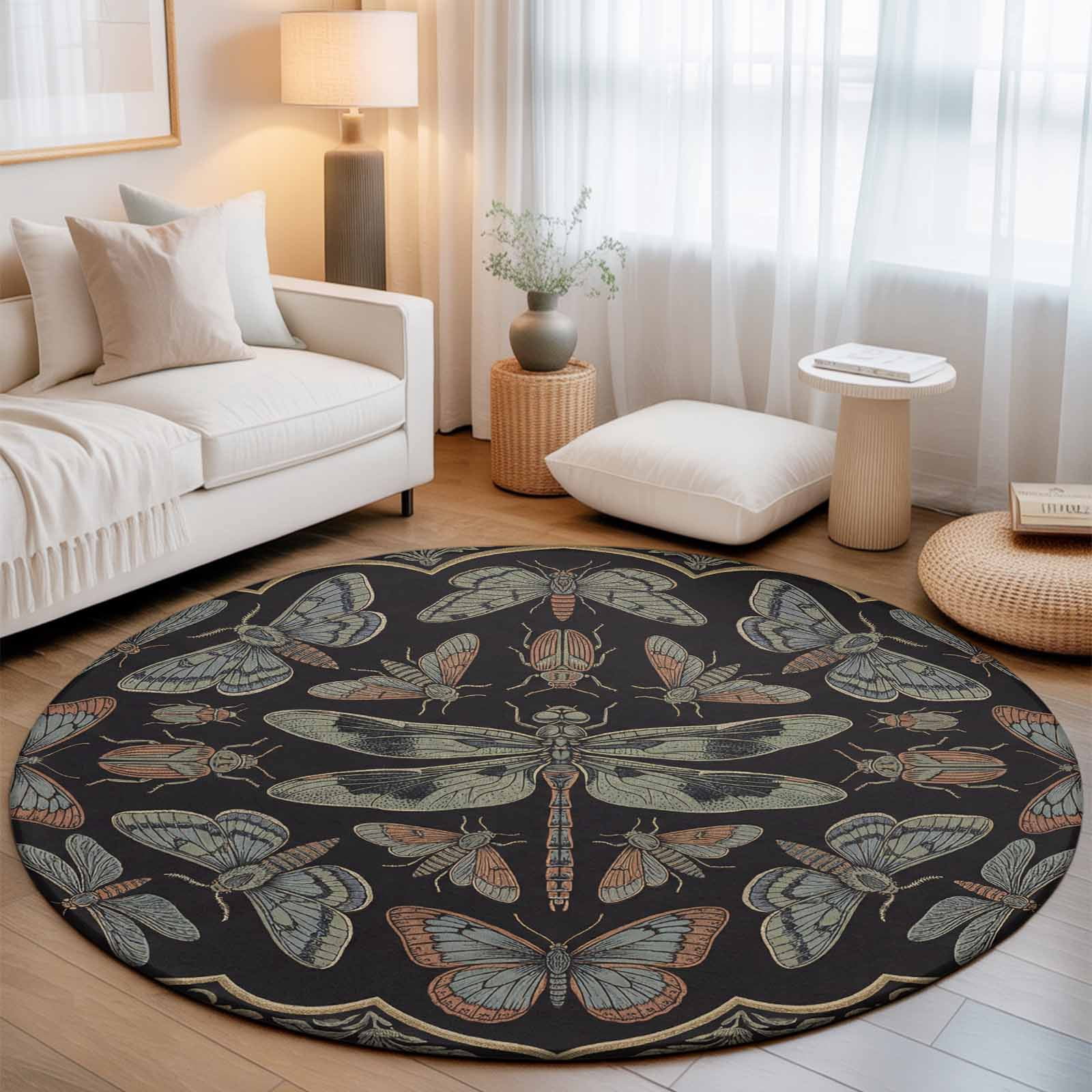 Abstract Vintage Floral Dragonfly Washable Round Area Rug 6 ft ...