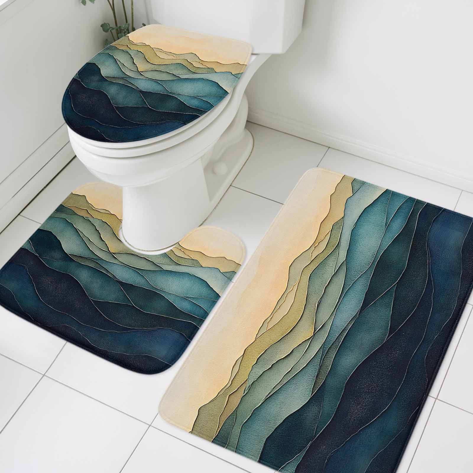 Abstract Vintage Mountain Bathroom Rugs Set Green Navy Texture Nature ...