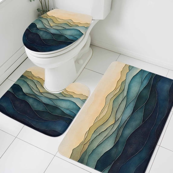 Abstract Vintage Mountain Bathroom Rugs Set Green Navy Texture Nature ...