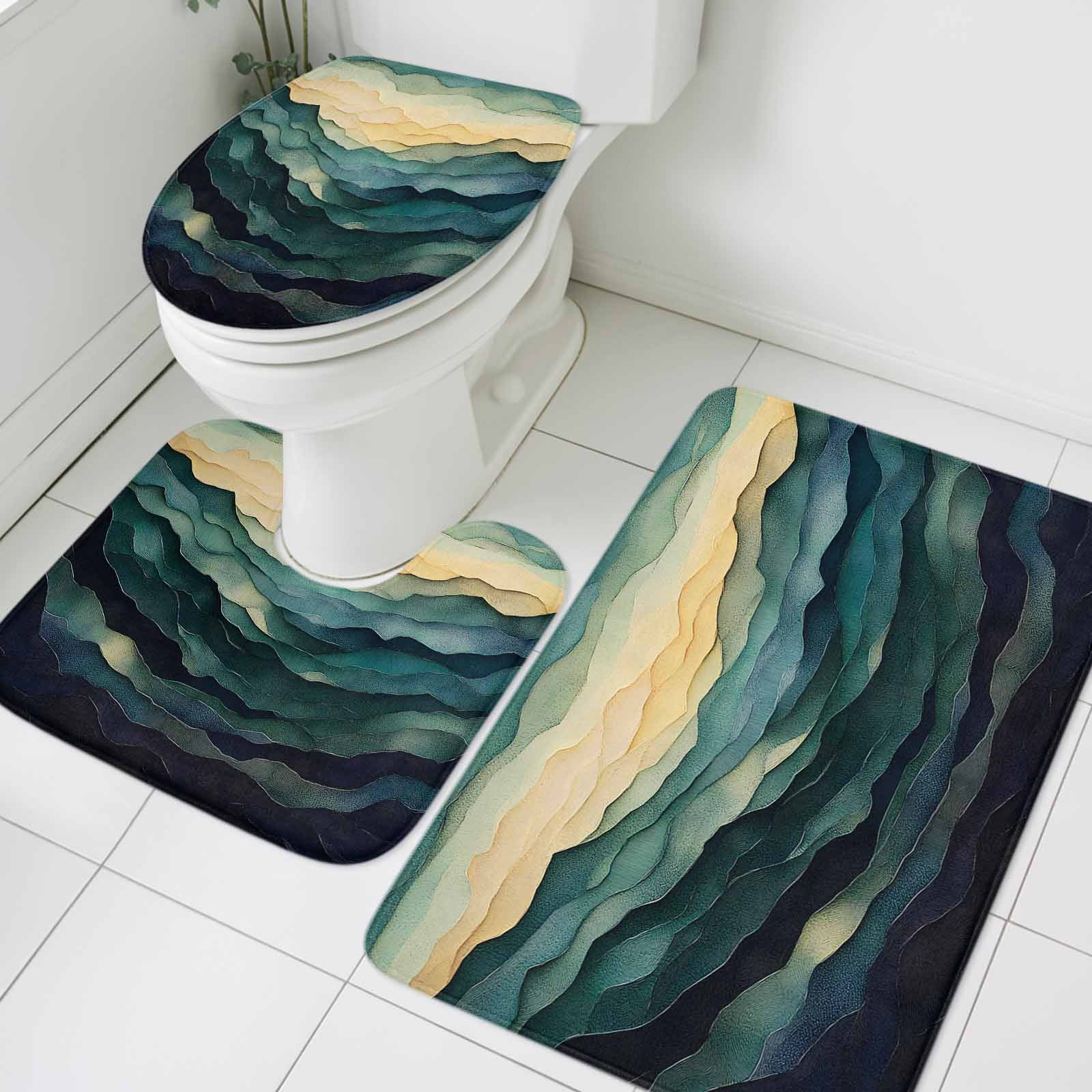 Abstract Vintage Mountain Bathroom Rugs Set Watercolor Navy Texture ...