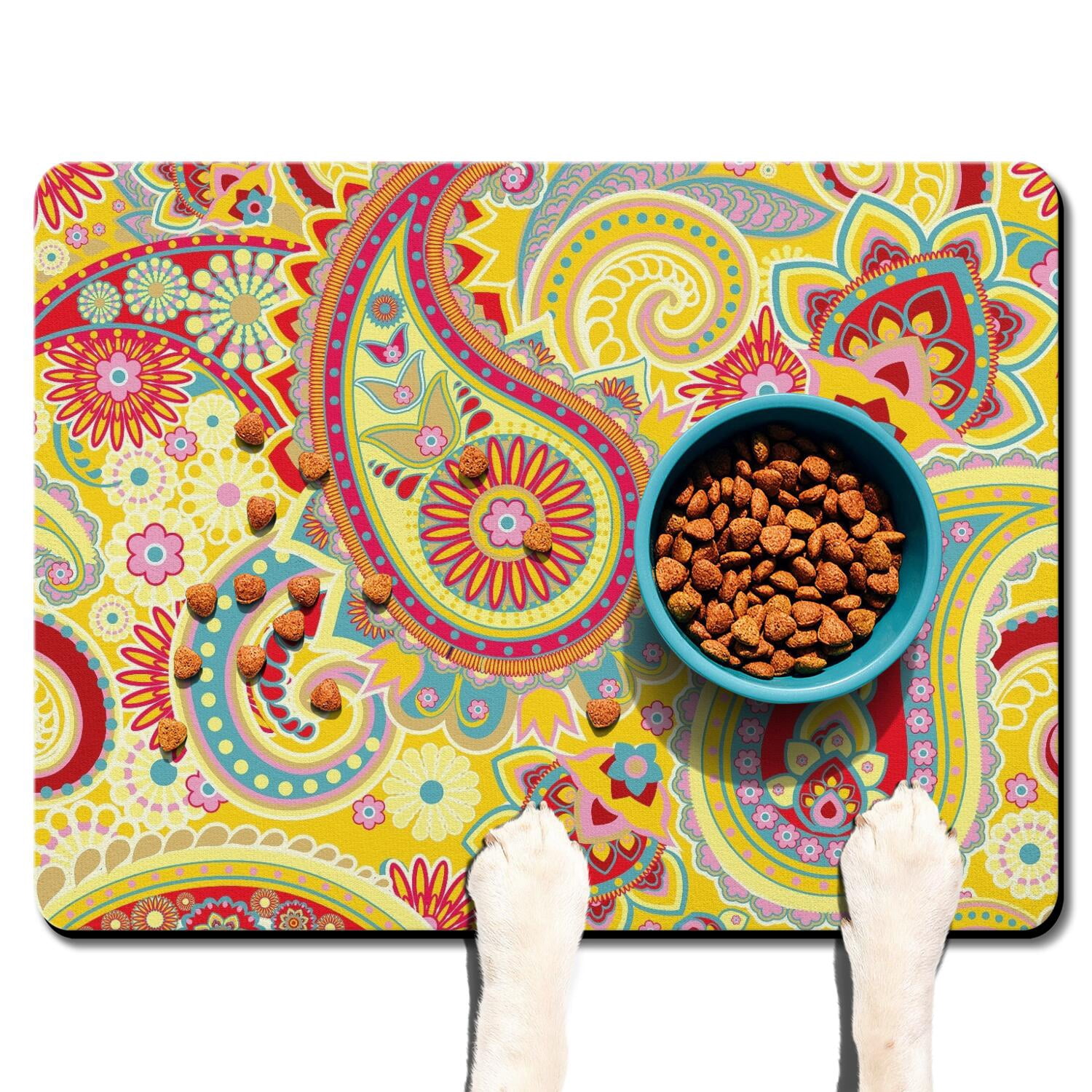 Abstract Vintage Paisley Pet Food Mat - Colorful Geometric Design, Easy ...