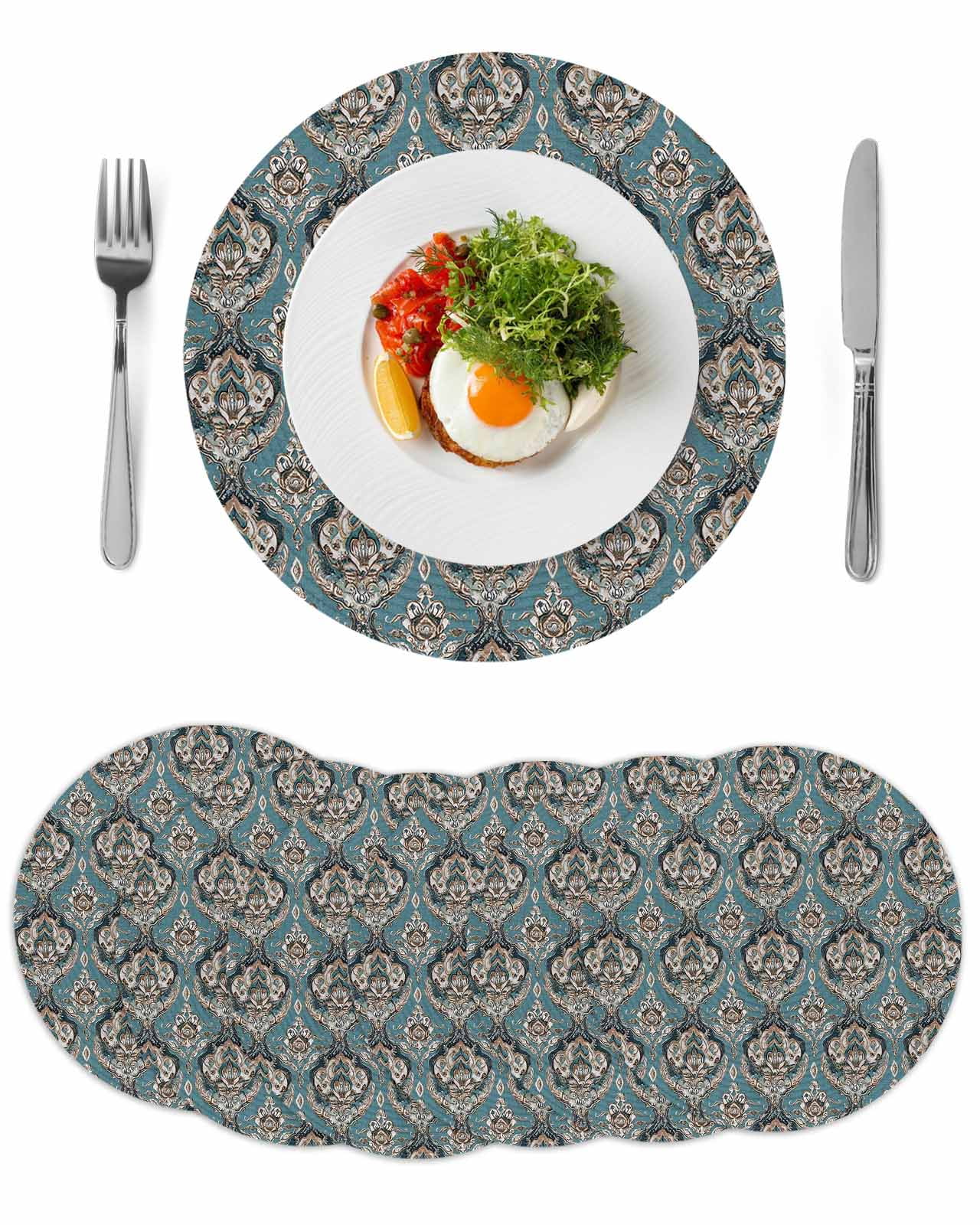 Abstract Vintage Paisley Round Table Placemats set of 6, Boho Floral Texture Washable Woven ...