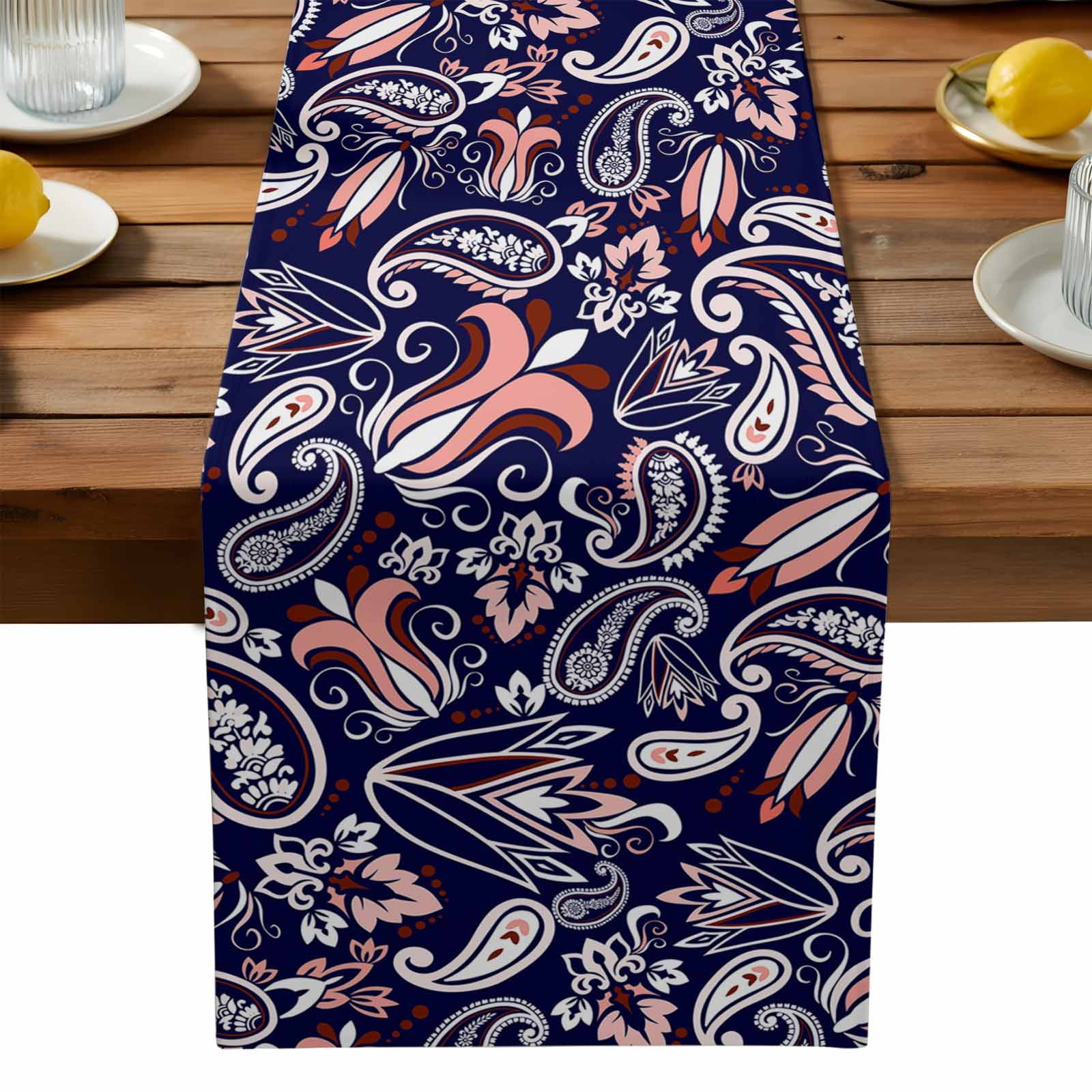 Abstract Vintage Paisley Table Runner, Boho Floral Texture Cotton Linen ...