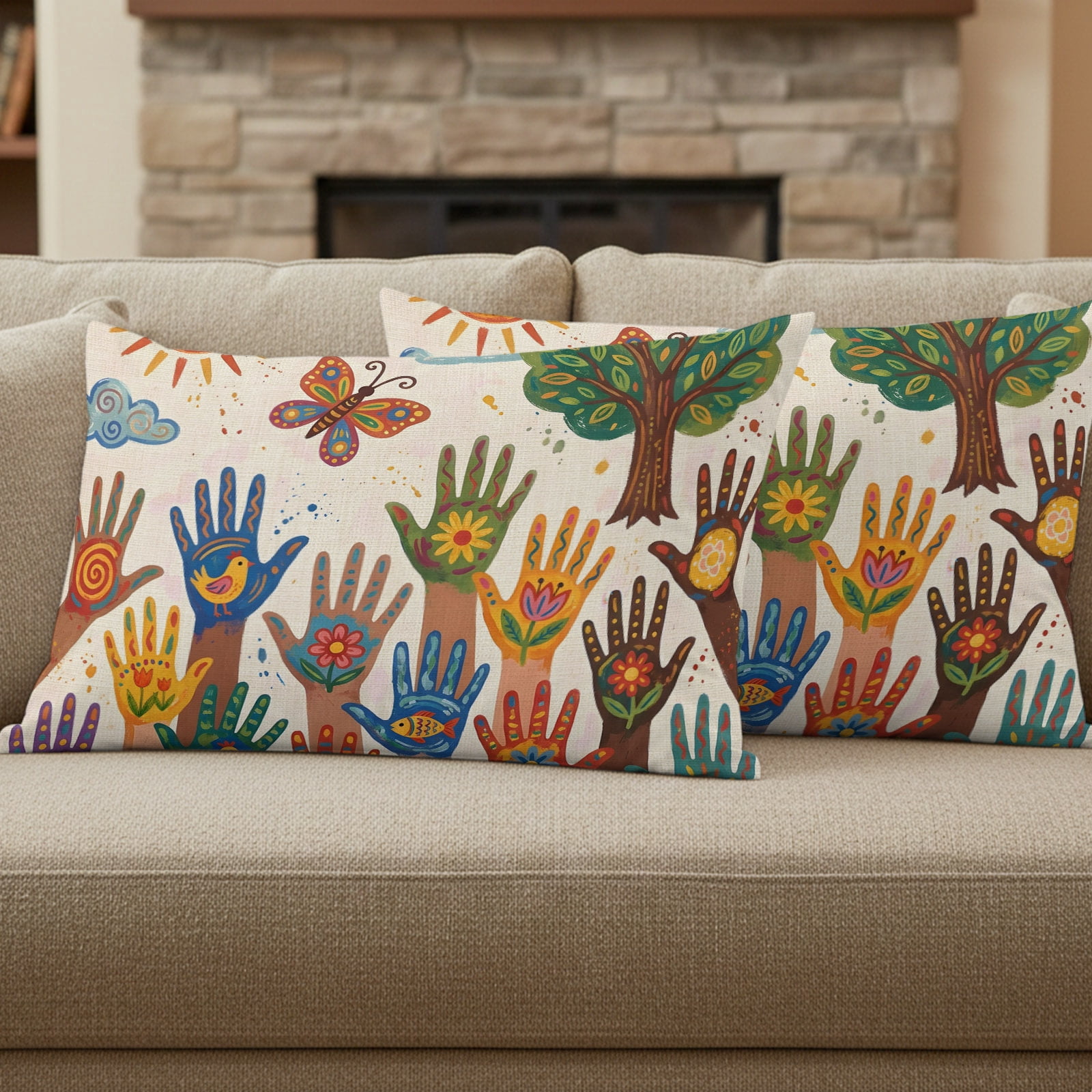 Abstract Vintage Pillow Covers Set of 2, Green Tree Flower Hand ...