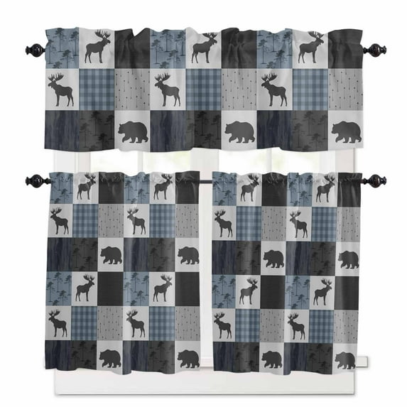 Abstract Vintage Plaid Kitchen Curtains Valance and Tier Set Black Elk ...