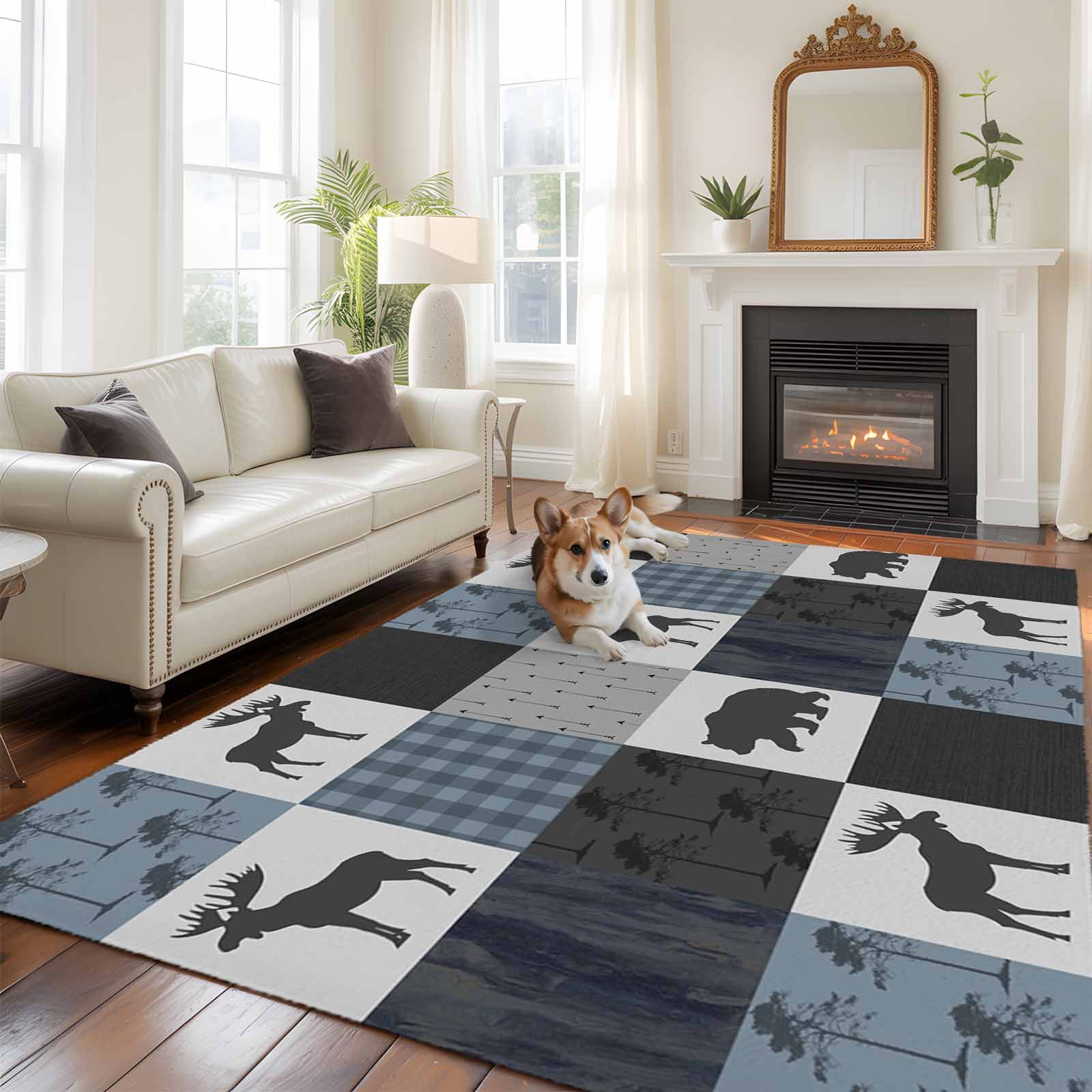 Abstract Vintage Plaid Large Area Rugs 5x8 ft Black Elk Bear Forest ...