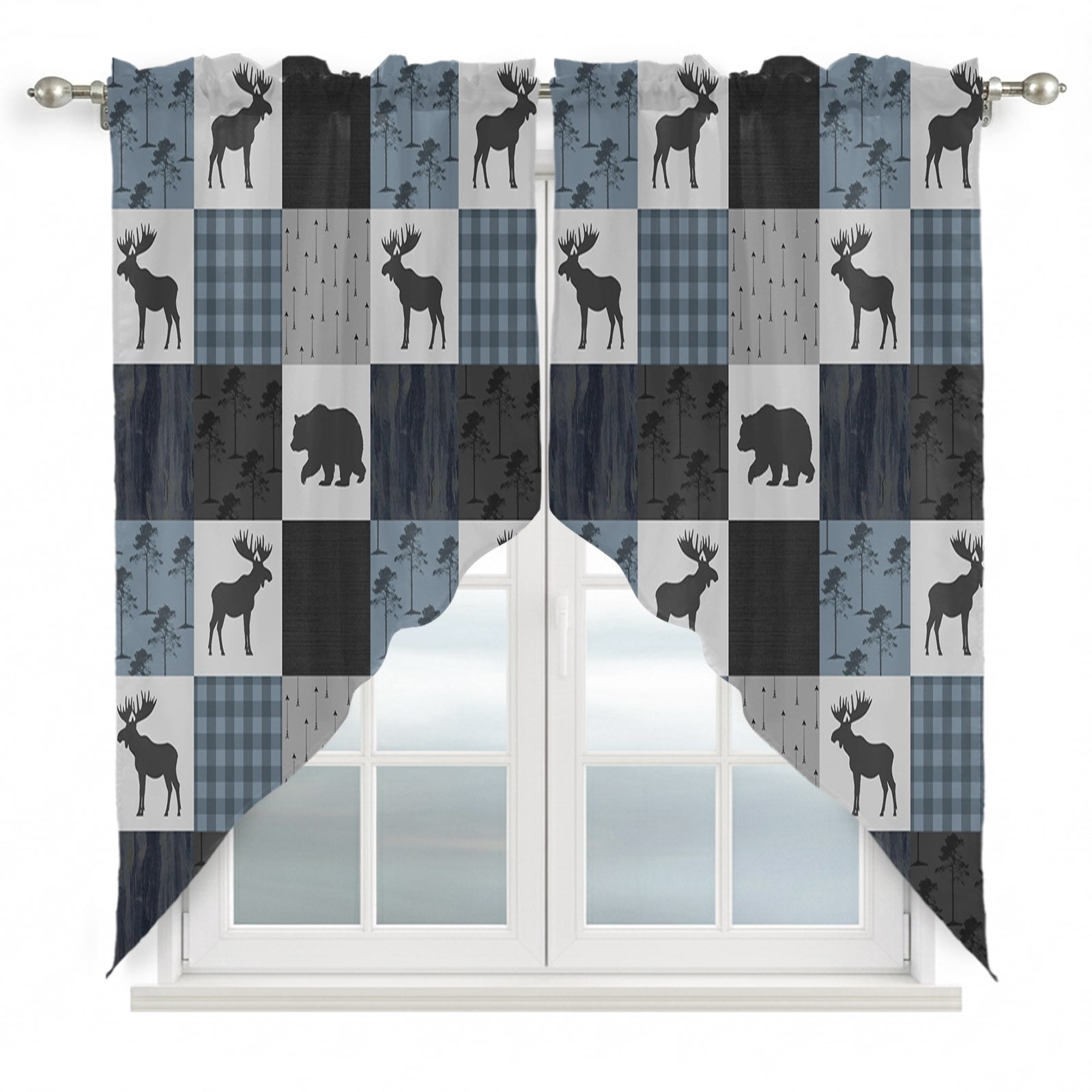 Abstract Vintage Plaid Swag Curtain Valance for Window 2 Panels Black ...