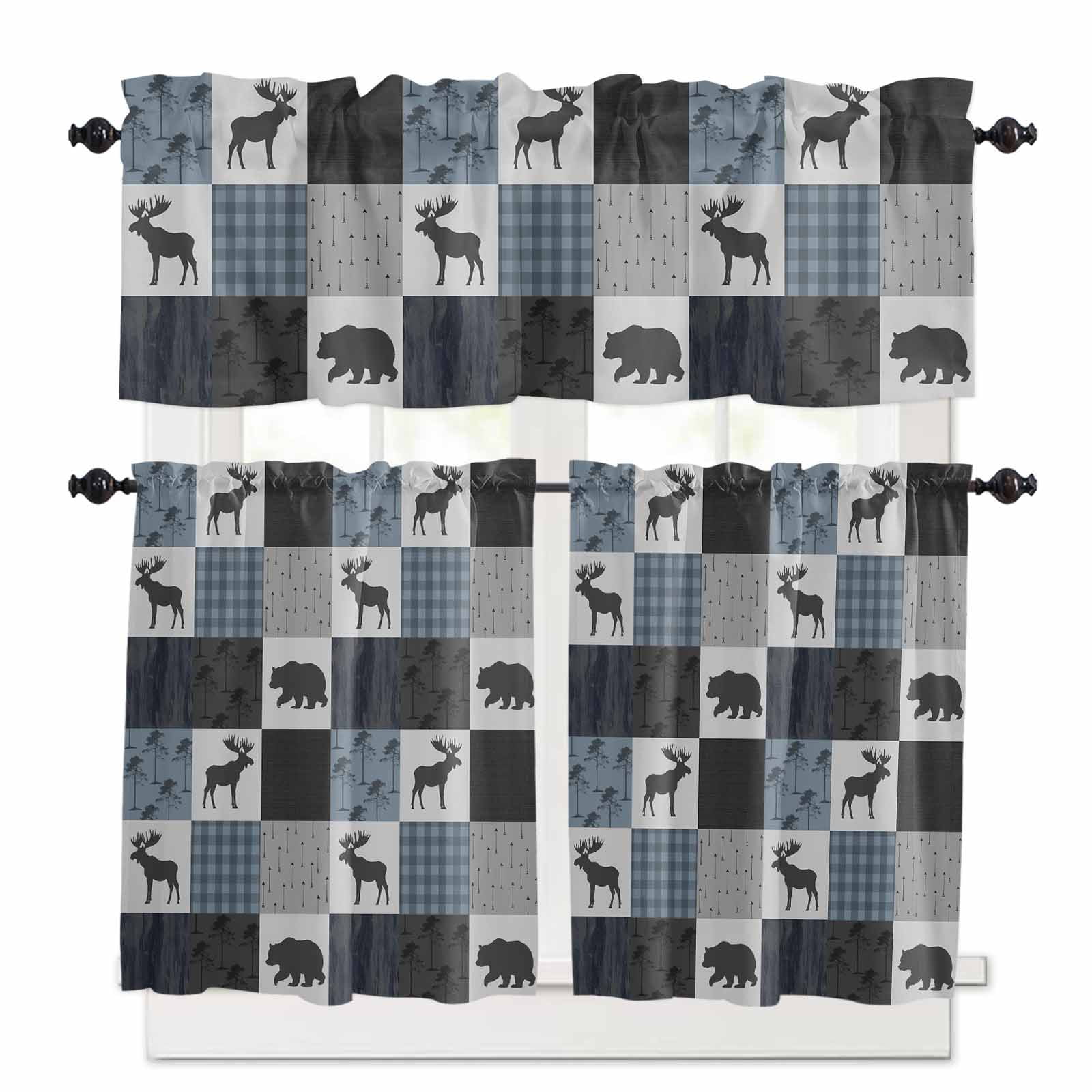 Abstract Vintage Plaid Window Curtains Valance Set of 3 Black Elk Bear ...