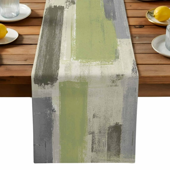 Abstract Vintage Table Runner, Art Oil Painting Texture Cotton Linen ...