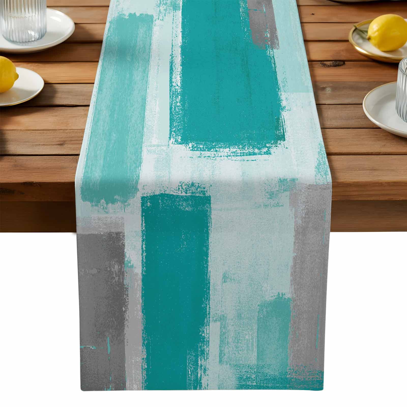 Abstract Vintage Table Runner, Art Oil Painting Texture Cotton Linen ...