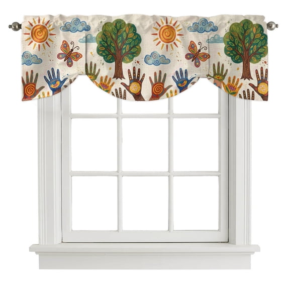 Abstract Vintage Tie Up Valance Curtains Green Tree Flower Hand ...