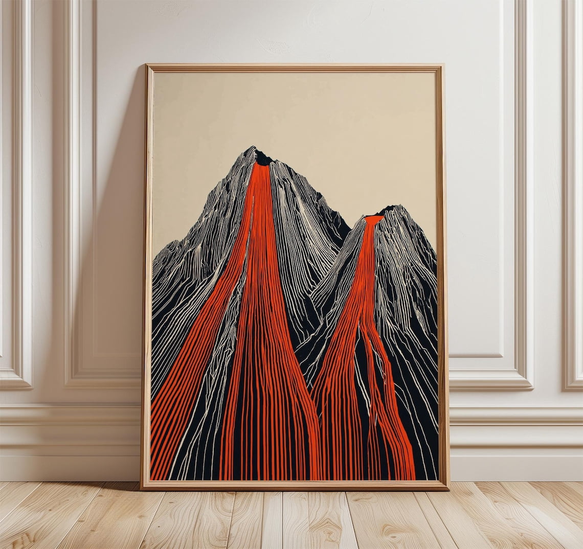 Abstract Volcano Mountain Poster Modern Black Red Minimal Landscape ...