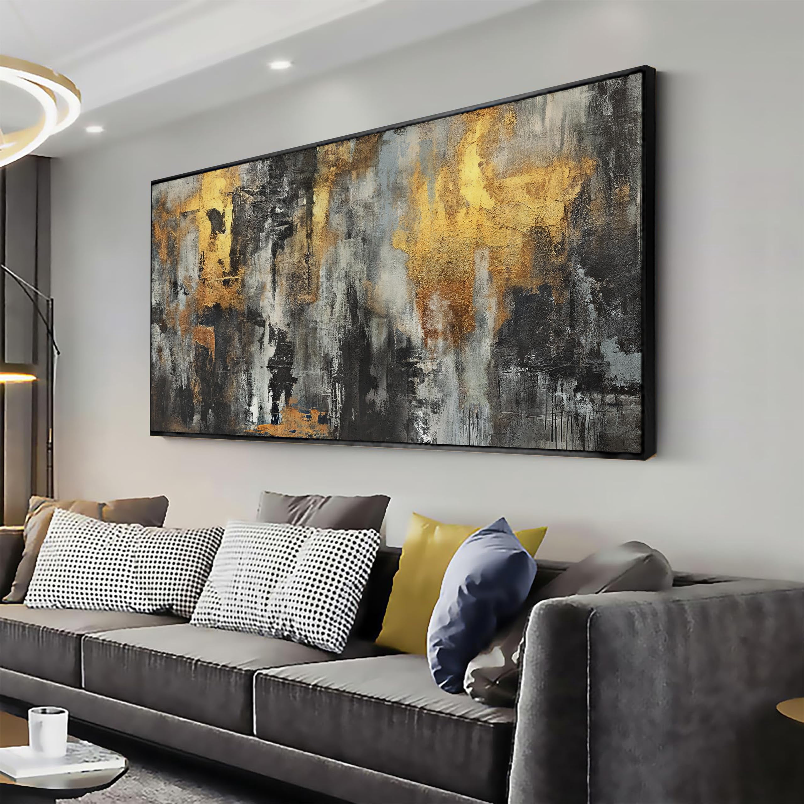 Abstract Wall Art Canvas Painting Decor Black Metal Large Size Framed ...